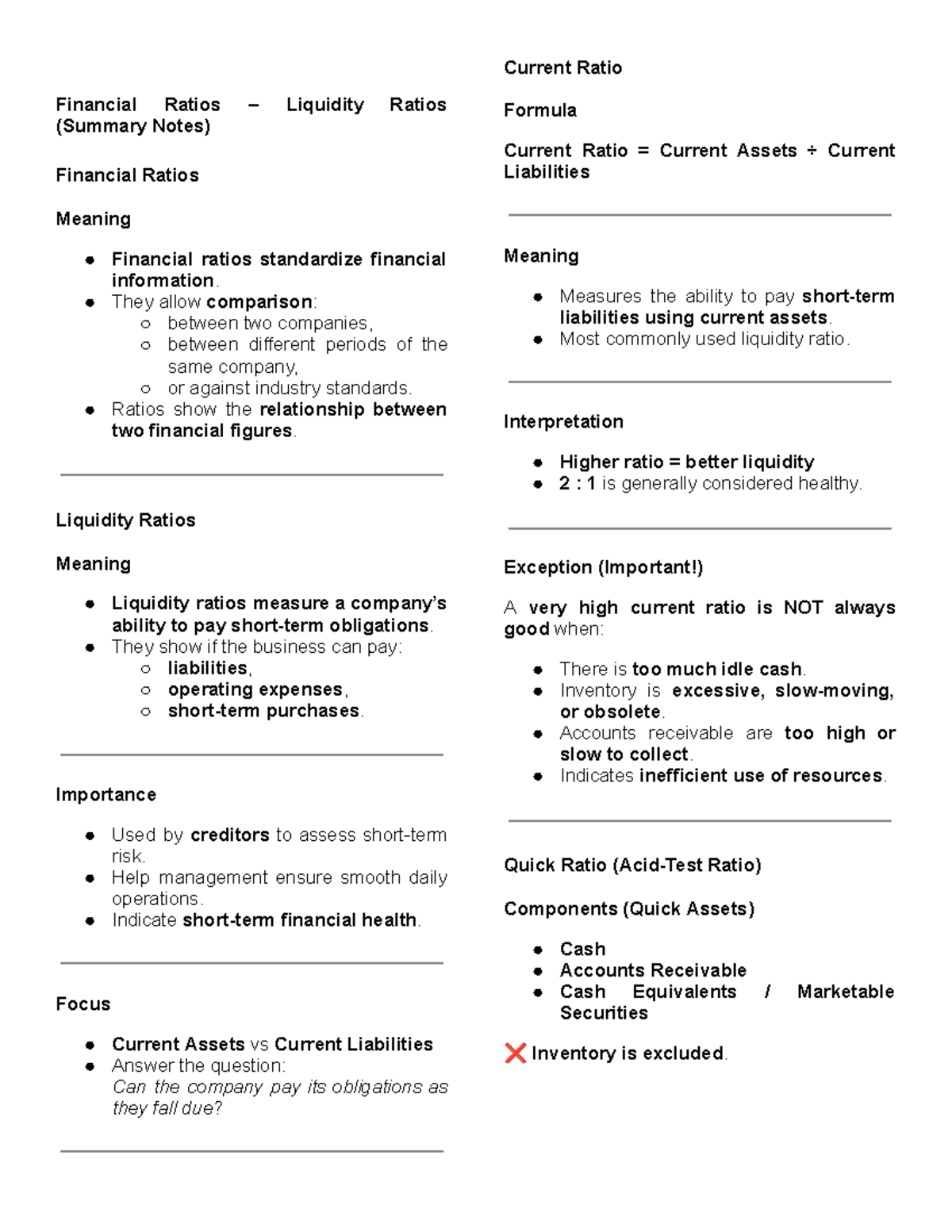 Finman Notes: Liquidity Ratios & Current Ratio Summary - Studocu
