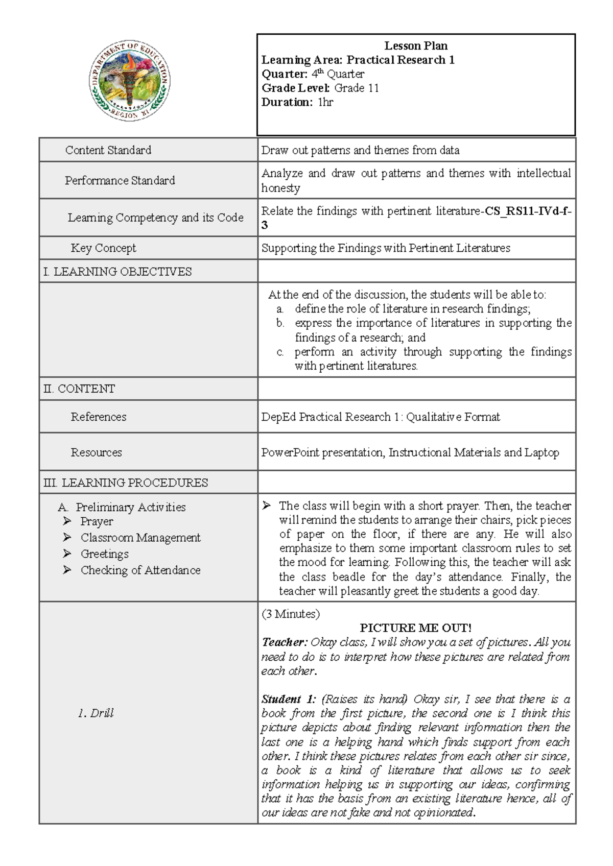 Practical Research 1 Lesson Plan: Supporting Findings with Literature ...