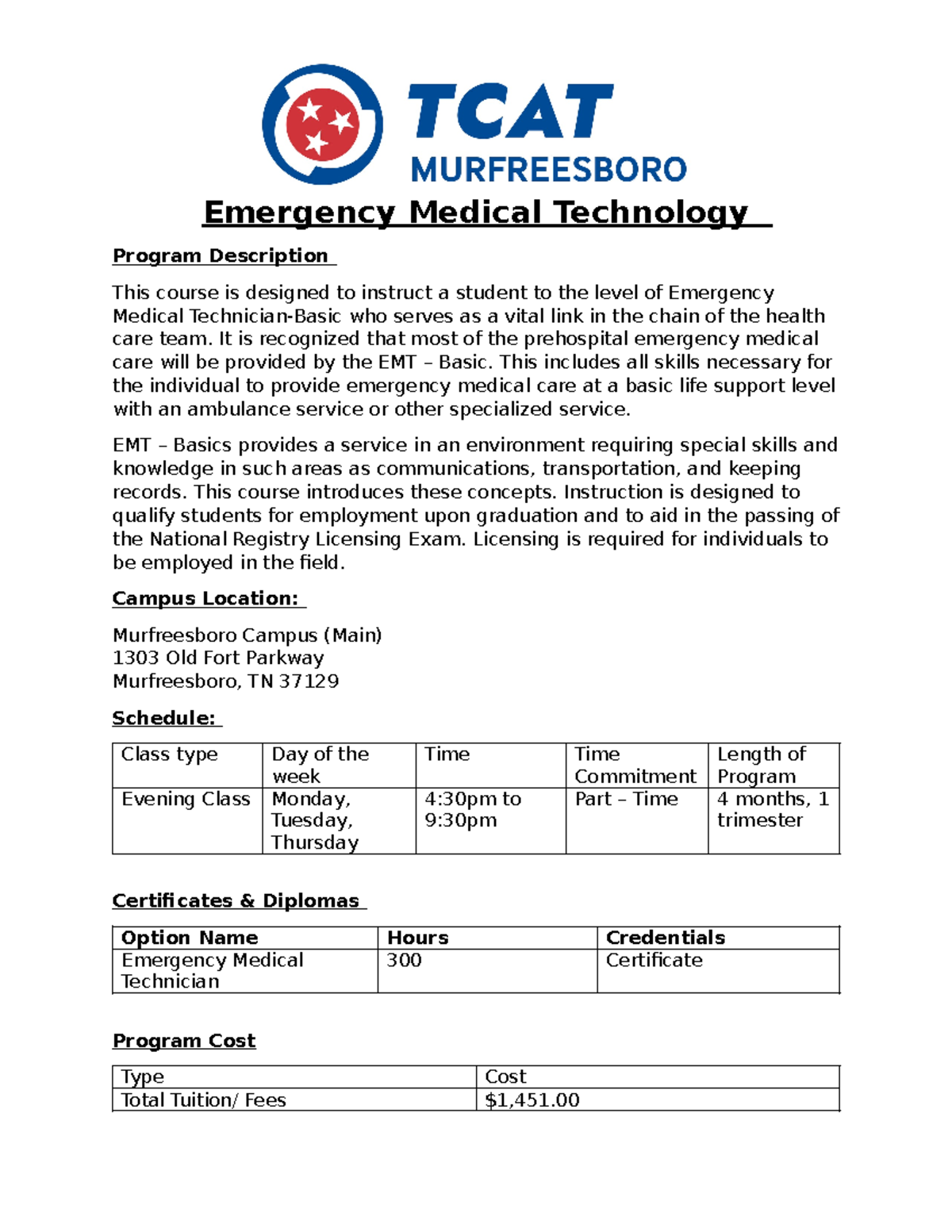 EMT-Basic Info Sheet - Key Details for Training and Certification - Studocu
