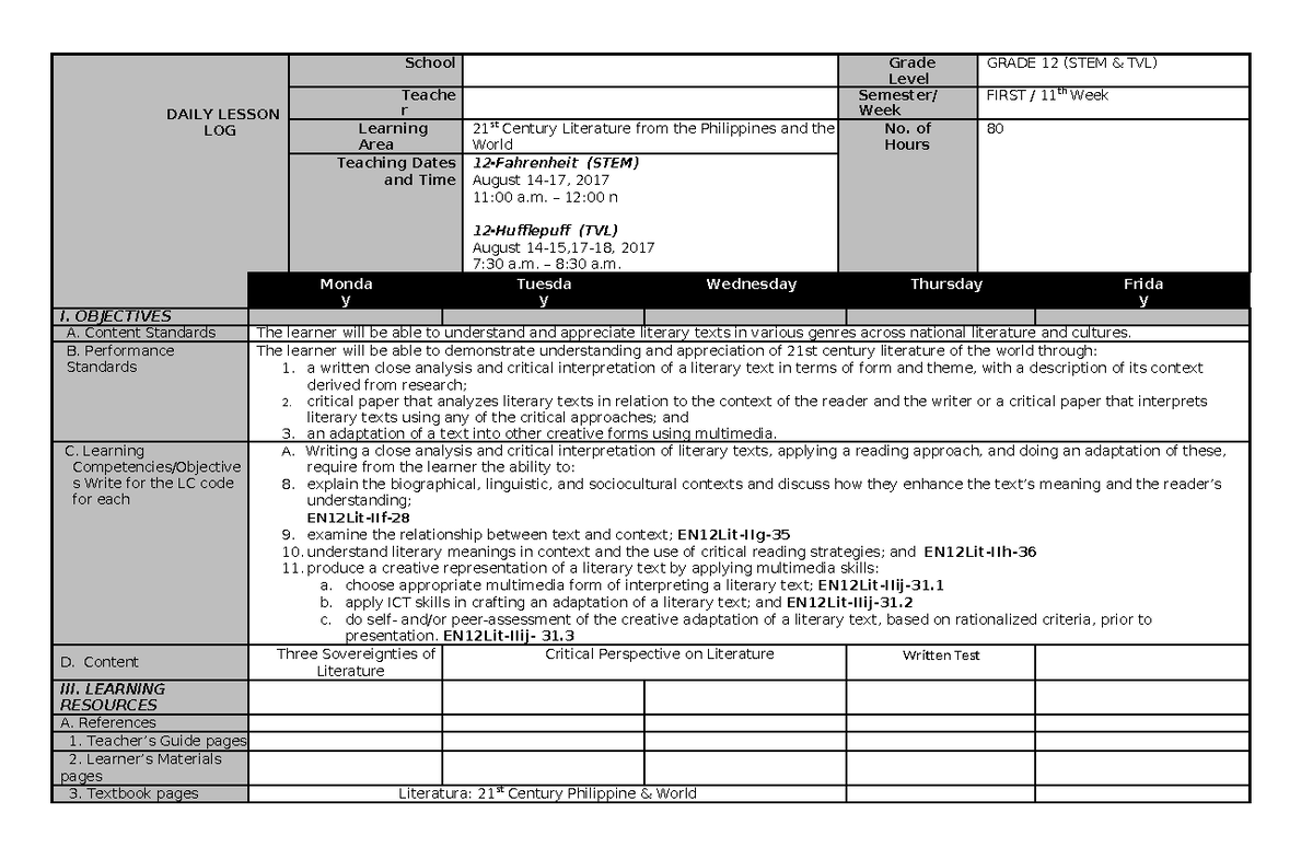21st Century Lit Daily Lesson Log - Grade 12 (STEM & TVL) - Studocu
