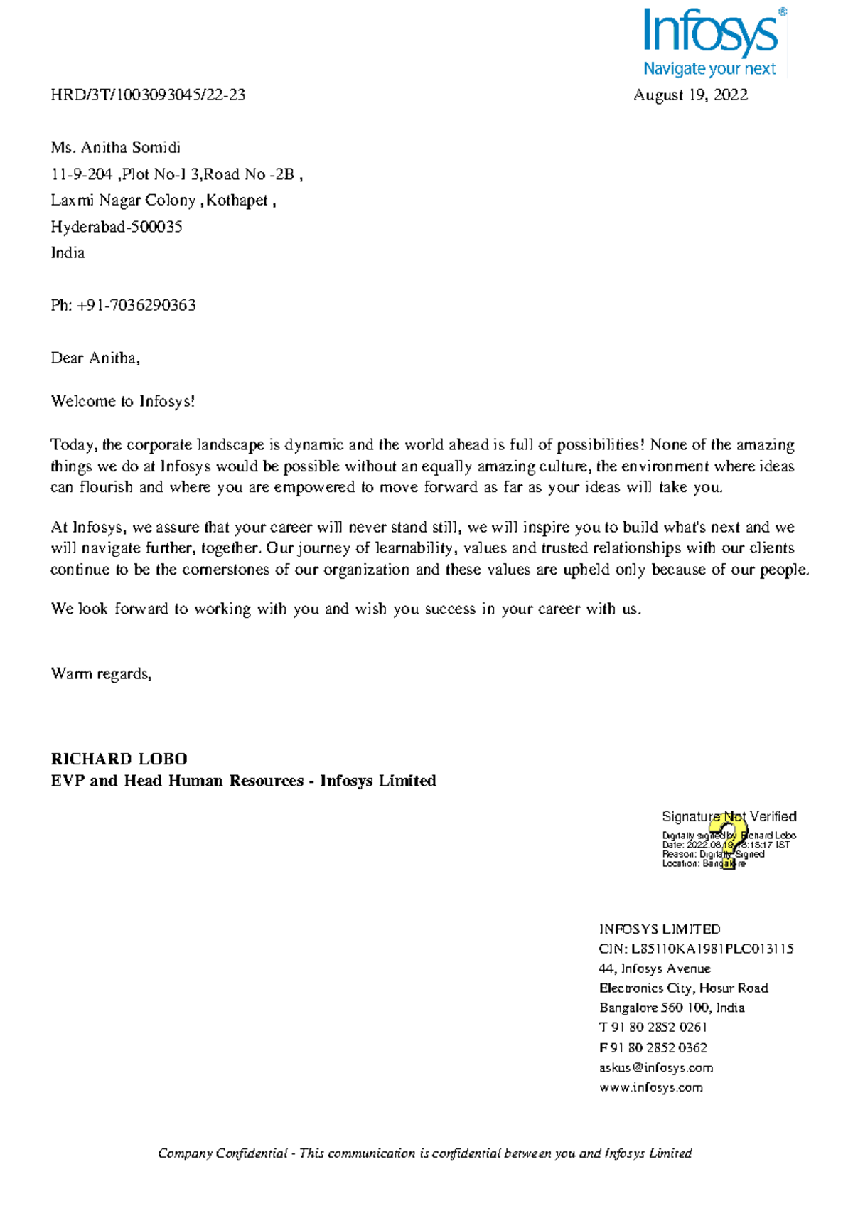 Offer Letter for Systems Engineer Trainee - Infosys (Confidential ...