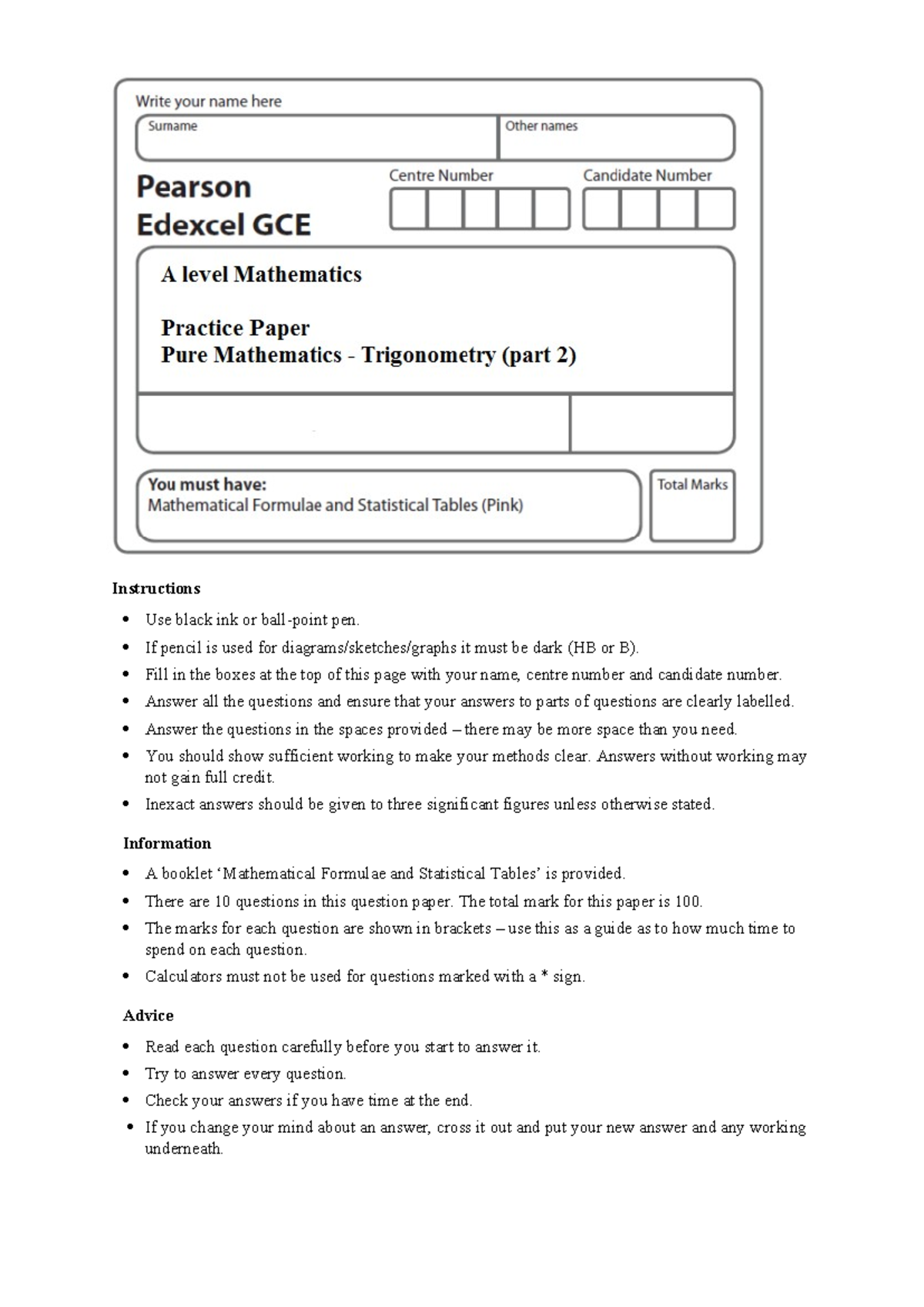 A Level Mathematics Practice Paper 5.1: Trigonometry Instructions ...
