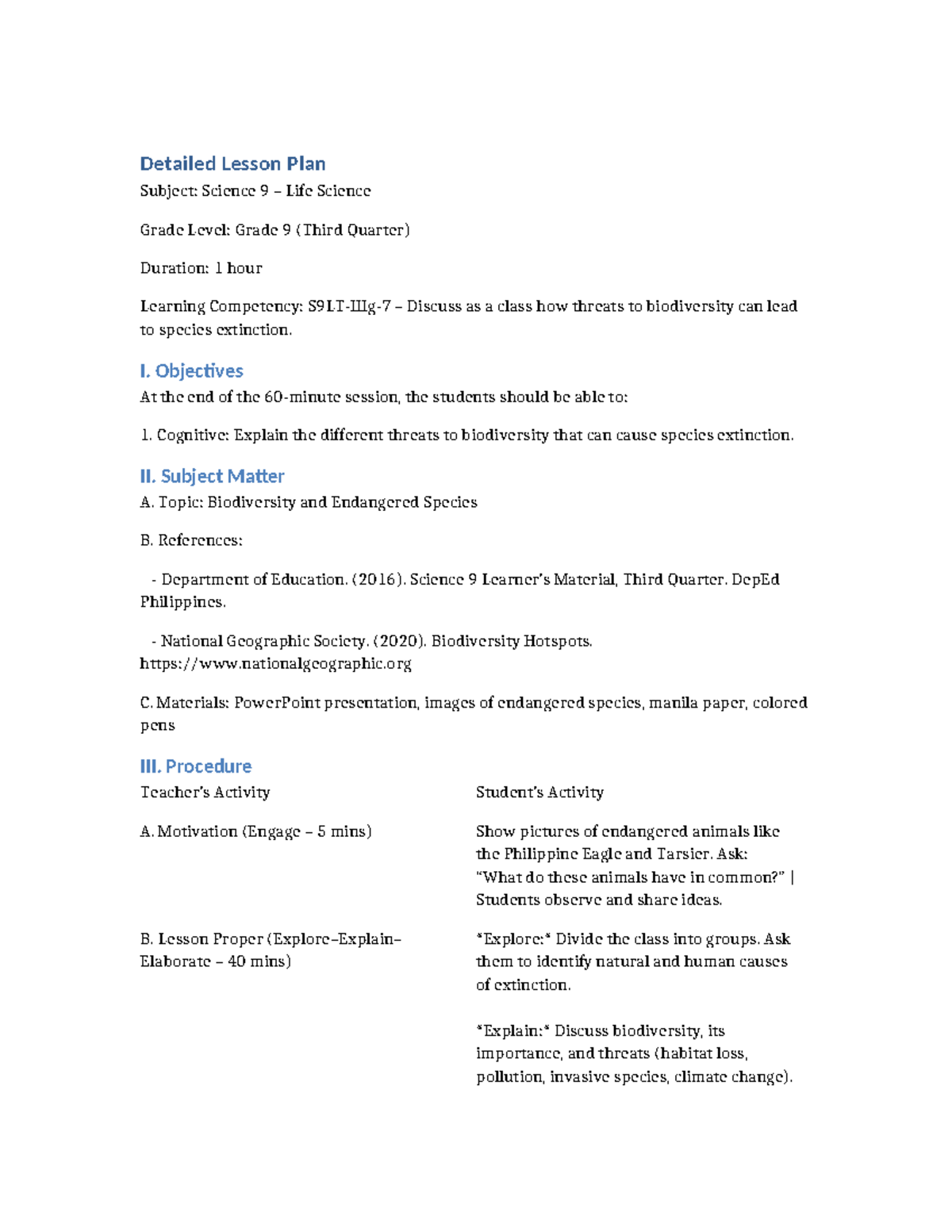 Science 9 Lesson Plan: Biodiversity & Endangered Species - Studocu