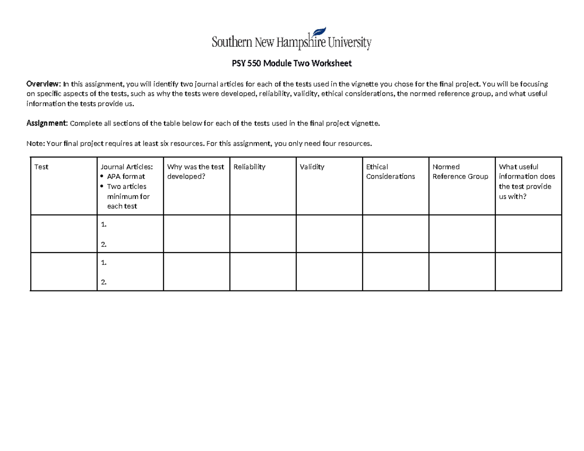 PSY 550 Final Project Module Two Worksheet on Assessment Tests - Studocu