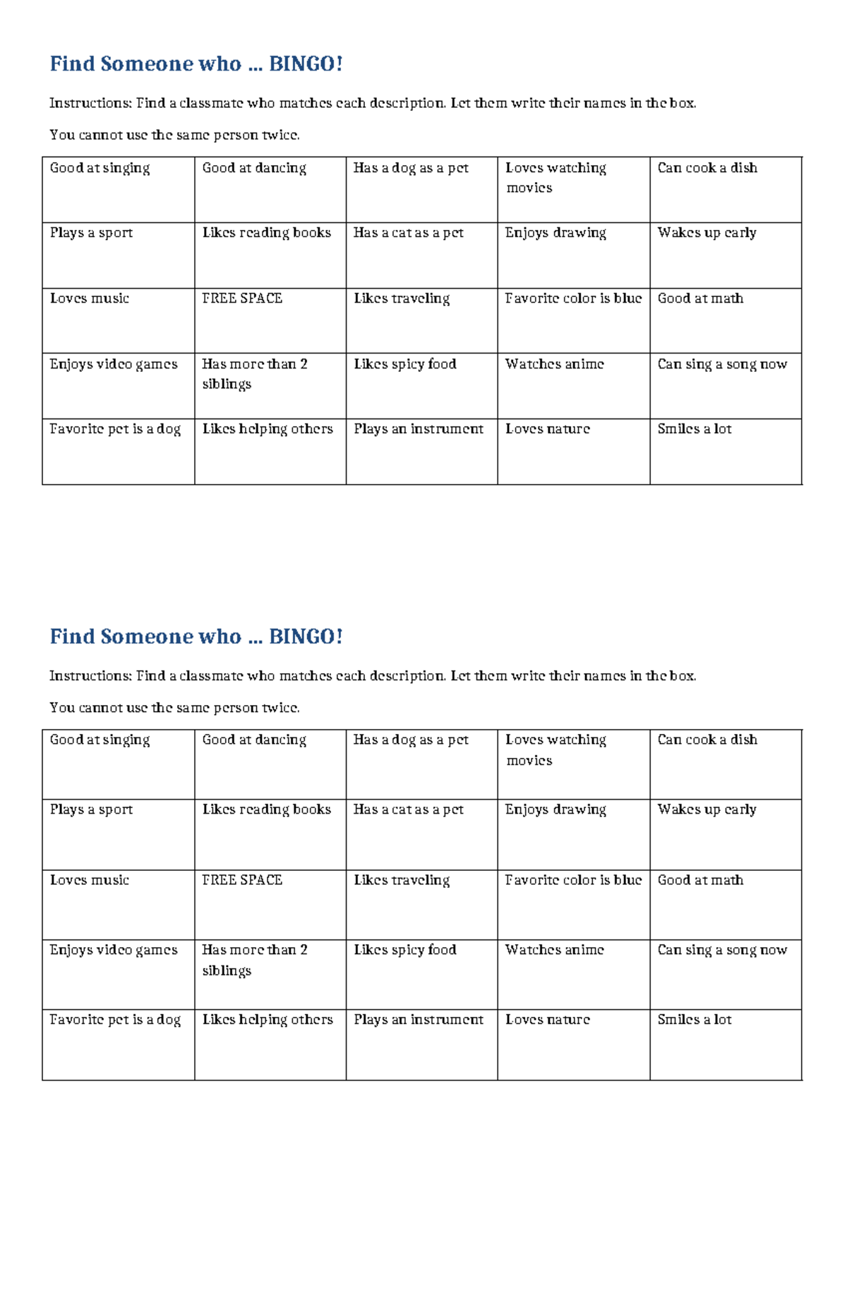 BINGO! Classmate Matching Activity Instructions - Studocu
