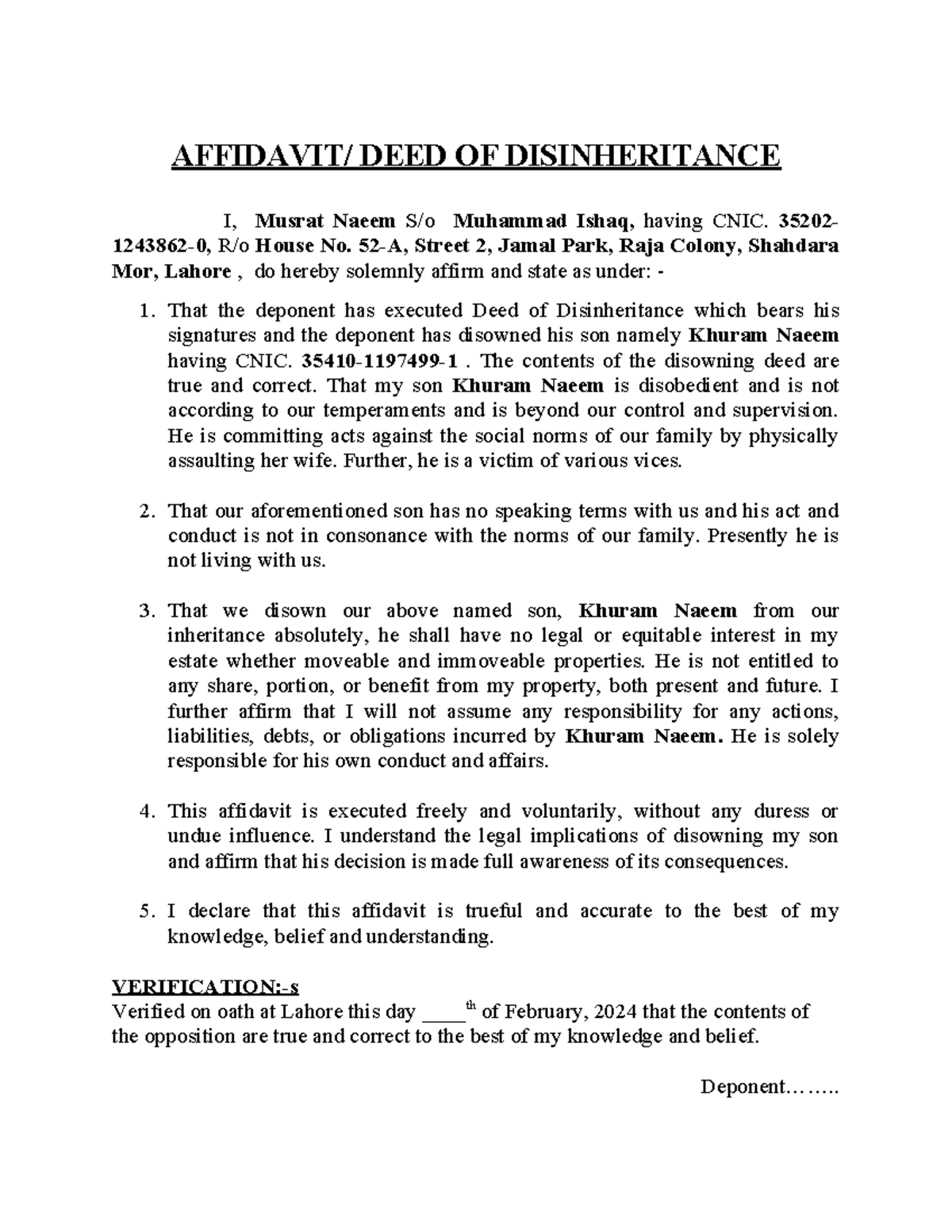 Affidavit of Disinheritance - Disowning Khuram Naeem (Final Document ...