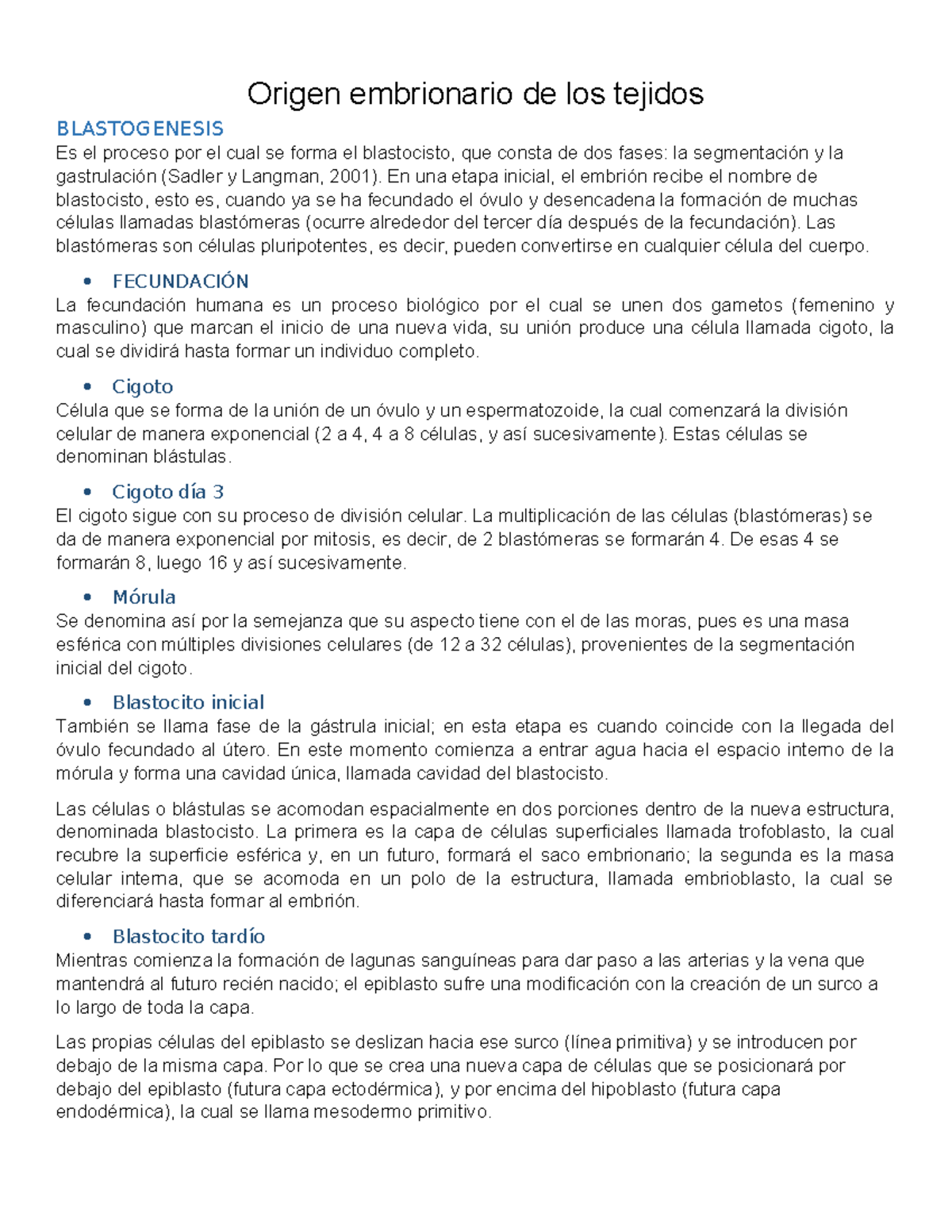 Origen embrionario de los tejidos editable - Origen embrionario de los ...