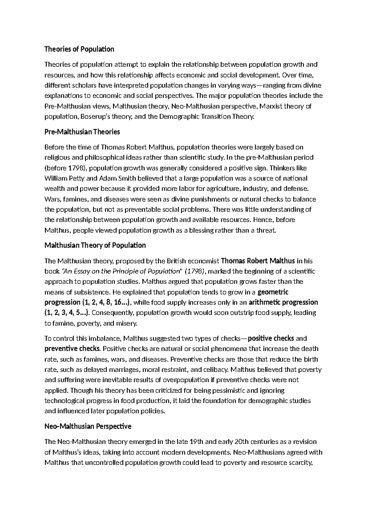 Population Theories: Malthus, Marx, and Demographic Transition - Studocu