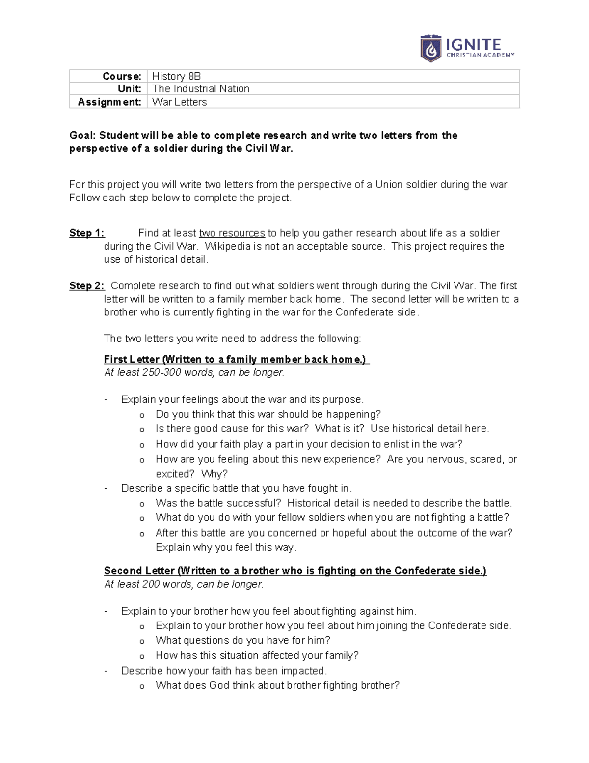 H807 History Assignment: Letters from a Civil War Soldier - Studocu