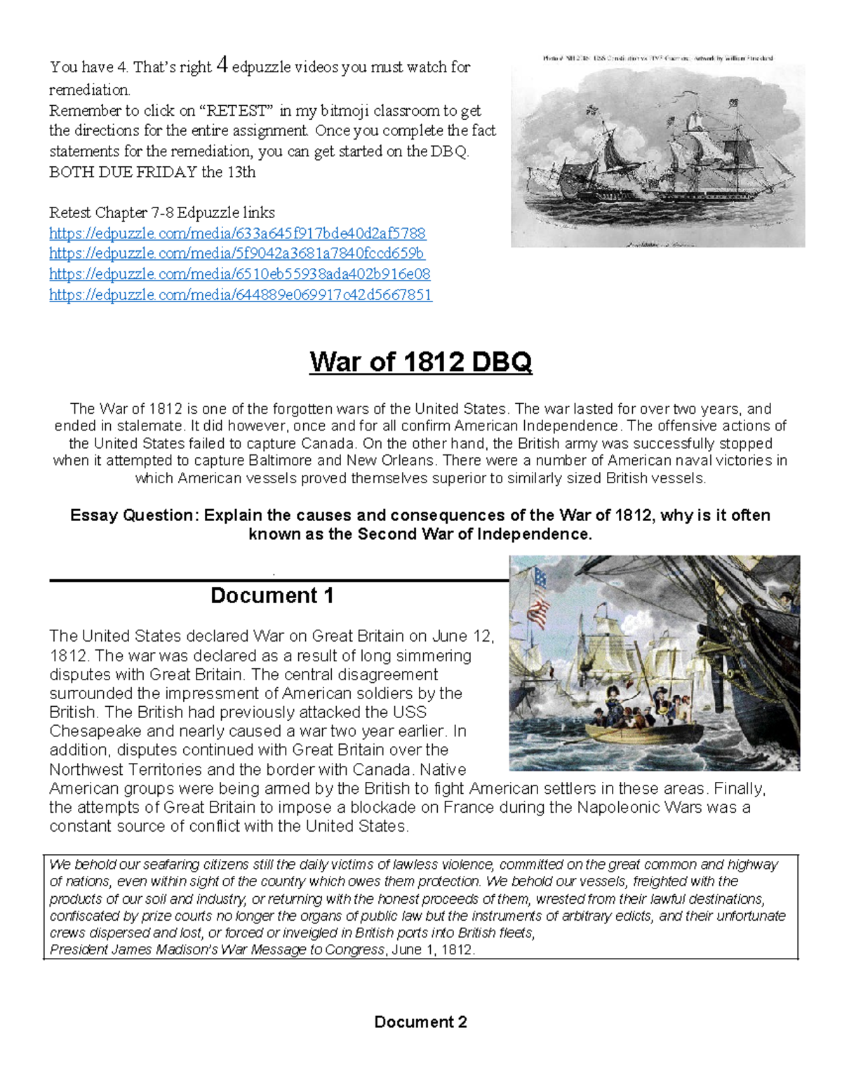 Retest Chapter 7-8 Edpuzzle Links & DBQ on War of 1812 - Studocu