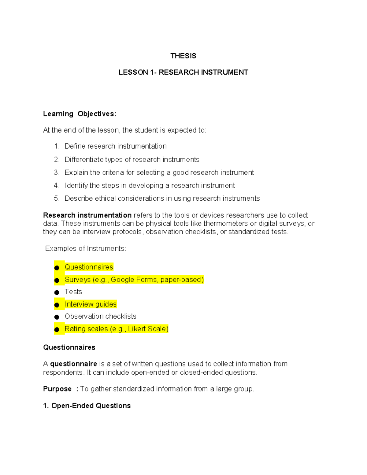 THESIS LESSON 1: RESEARCH INSTRUMENTATION OVERVIEW - Studocu