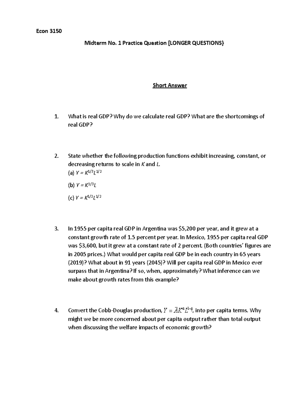 Econ 3150 Midterm 1 Practice Questions and Problem Set S25 - Studocu