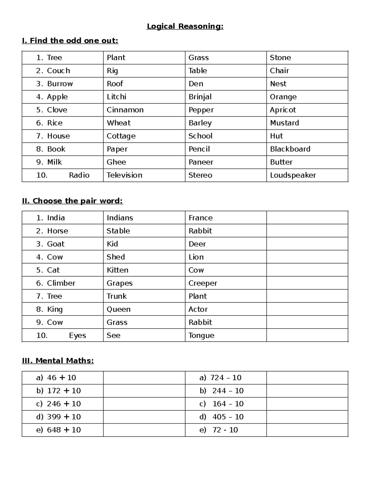 Logical Reasoning: Odd One Out & Pair Words Quiz - Studocu
