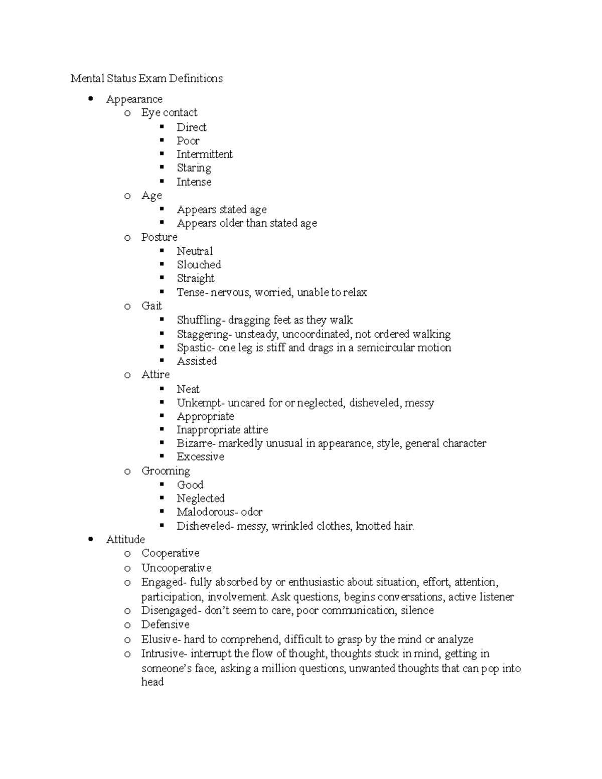 MSE Definitions: Comprehensive Guide to Mental Status Exam Terms - Studocu