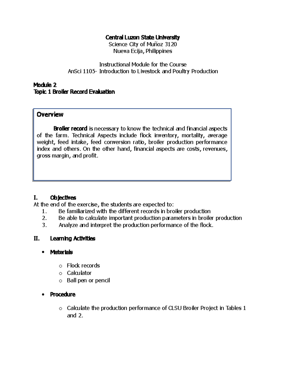 AnSci 1105 Module 2: Broiler Record Evaluation Guide - Studocu