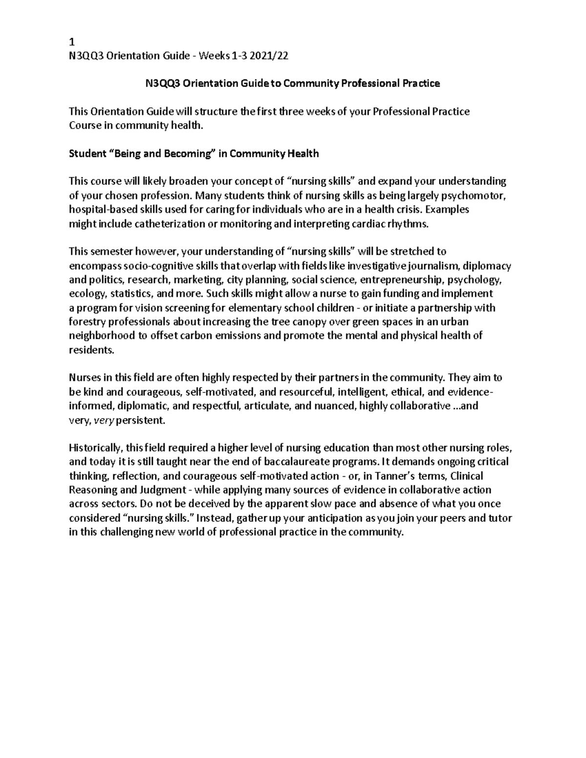 N3QQ3 Community Health Foundations Orientation Guide: Weeks 1-3 ...