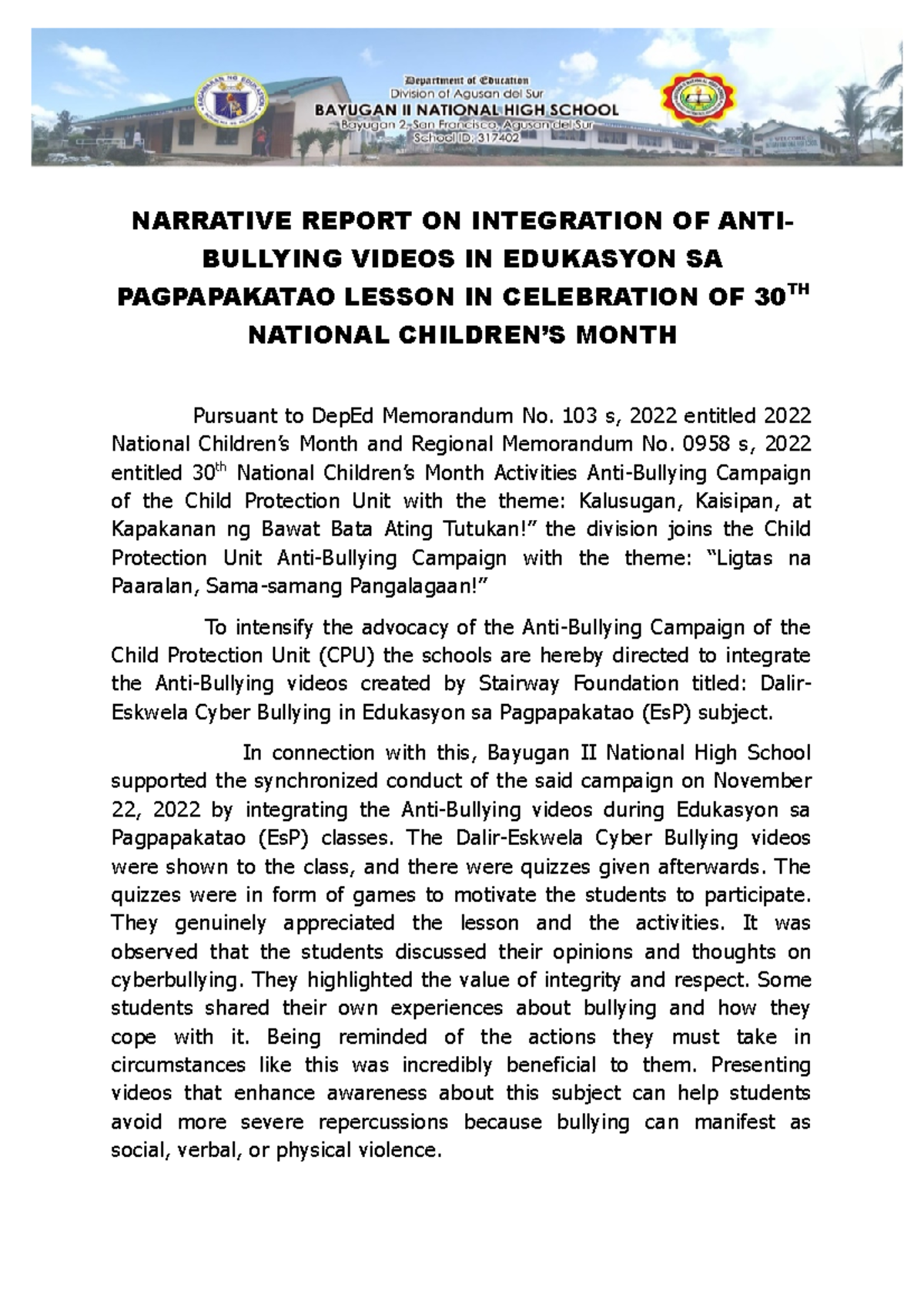 Narrative Report on Anti-Bullying Integration in EsP Classes - Studocu