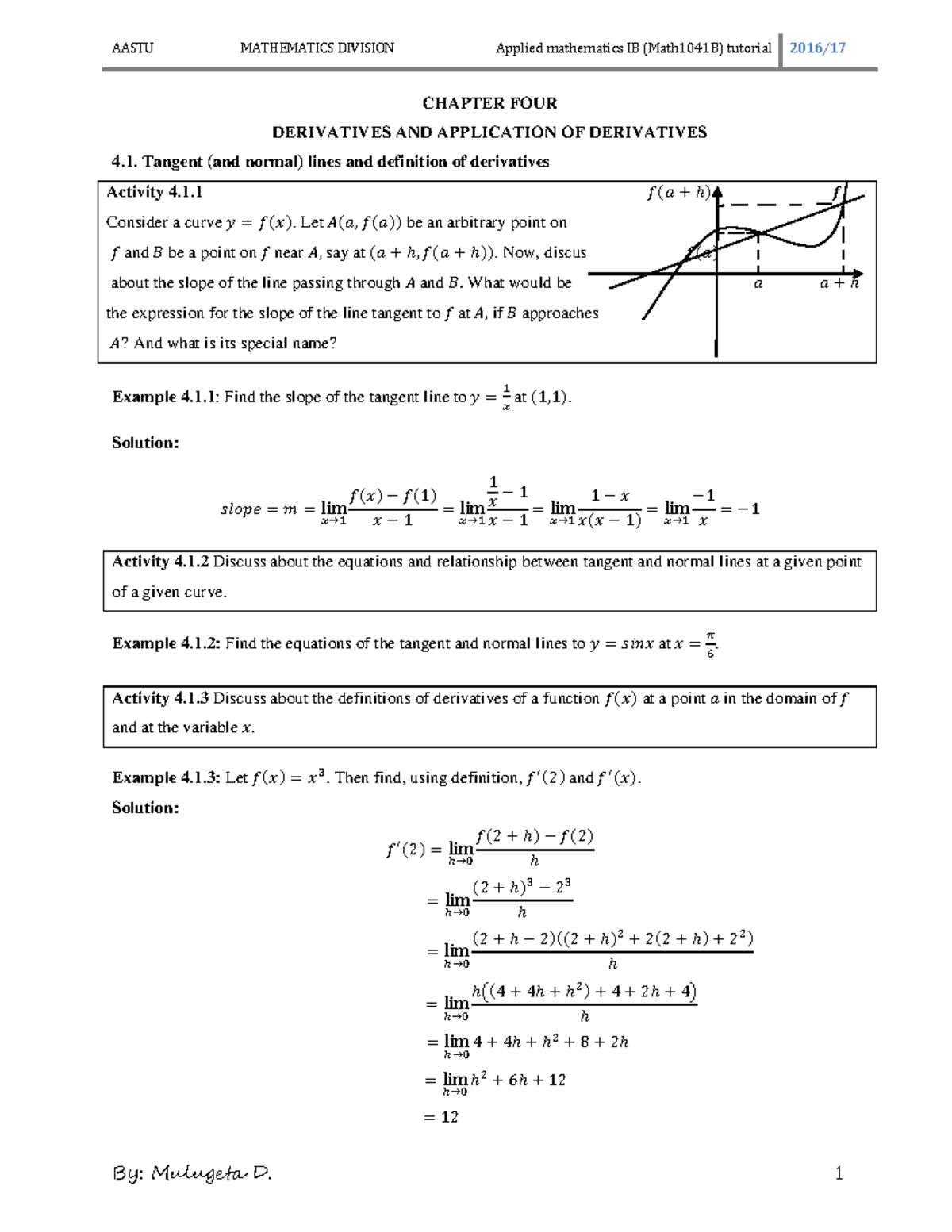 CH-4(tutor) Derivatives-1 - CHAPTER FOUR DERIVATIVES AND APPLICATION OF ...