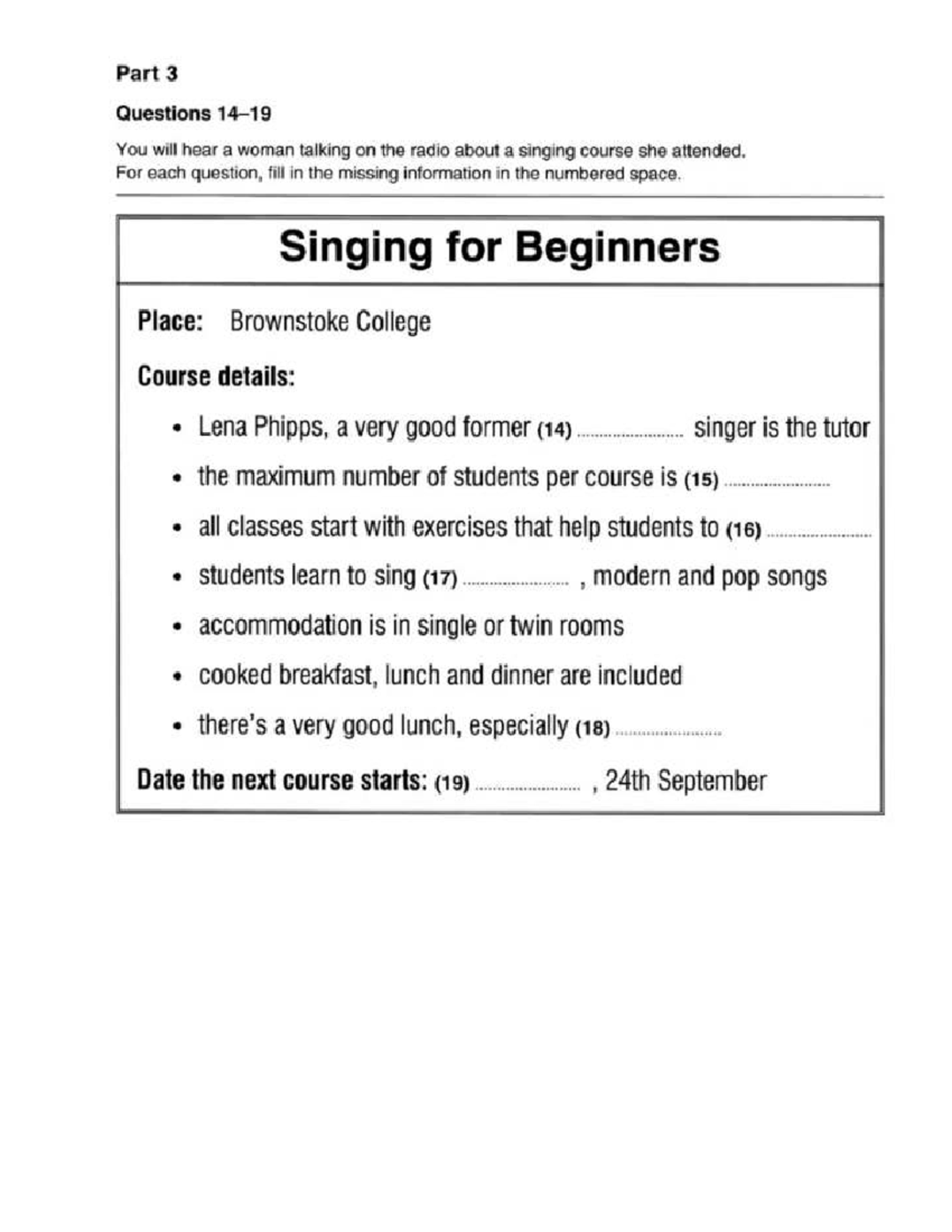 Listening Test 3 - Singing for Beginners at Brownstoke College - Studocu