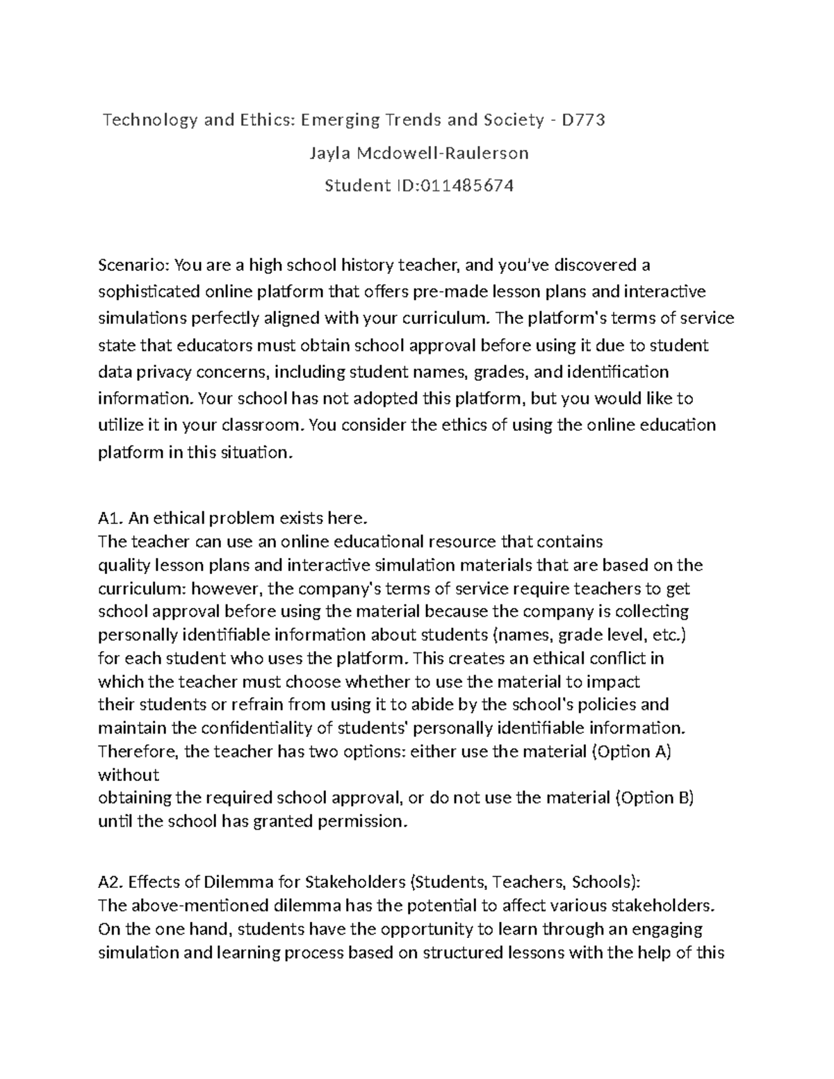 Technology and Ethics: Task 1 Analysis D773 - Studocu
