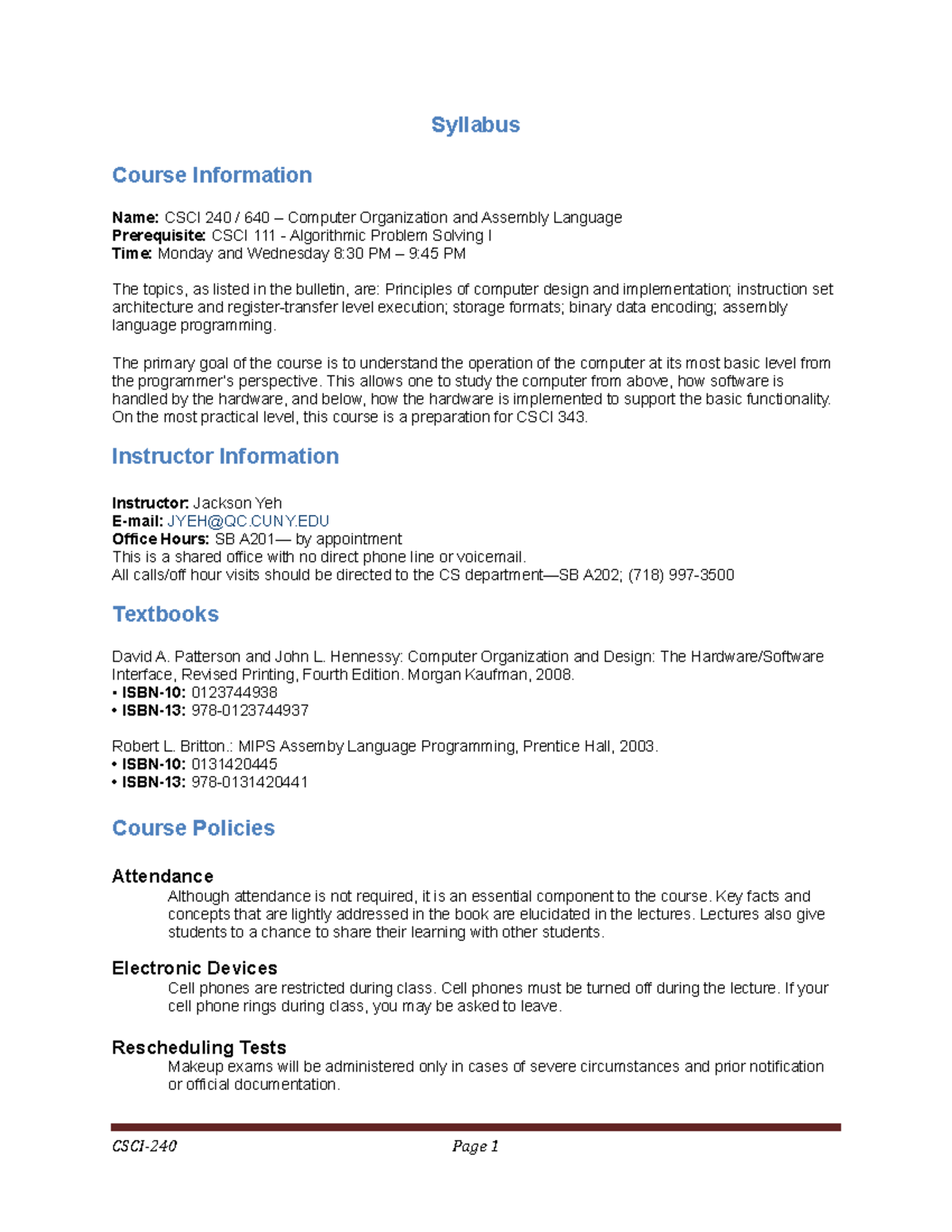 CS240-Syllabus-MW - CSCI 240 Jackson Yeh - Syllabus Course Information ...