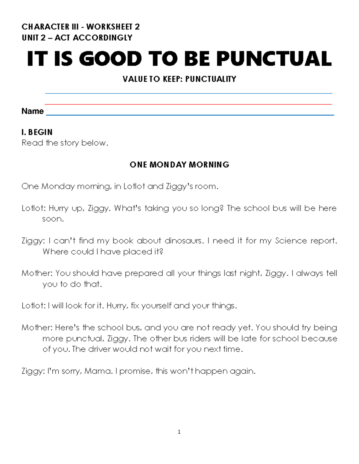 Worksheet- Punctuality - CHARACTER III - WORKSHEET 2 UNIT 2 – ACT ...
