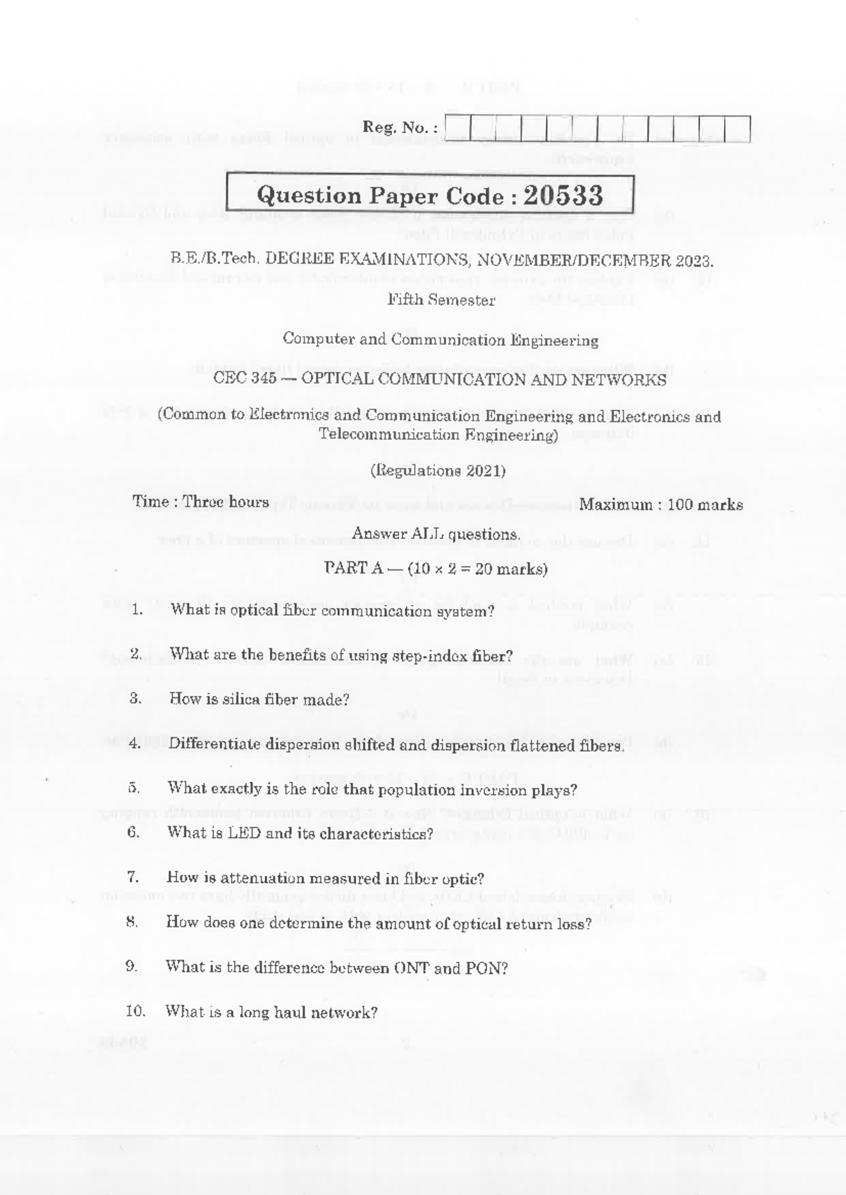 CSE 345 Final Exam: Optical Communication & Networks 2023 - Studocu
