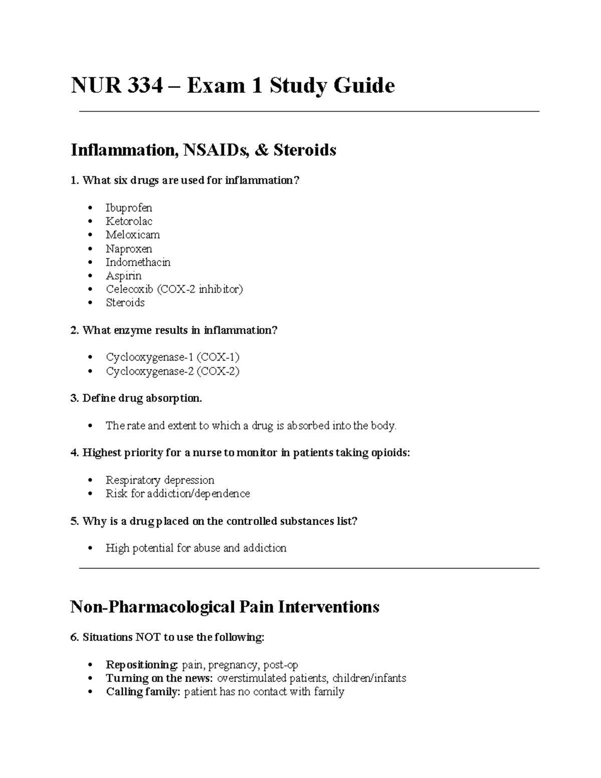 NUR 334 Exam 1 Study Guide: Inflammation, NSAIDs, and Steroids - Studocu