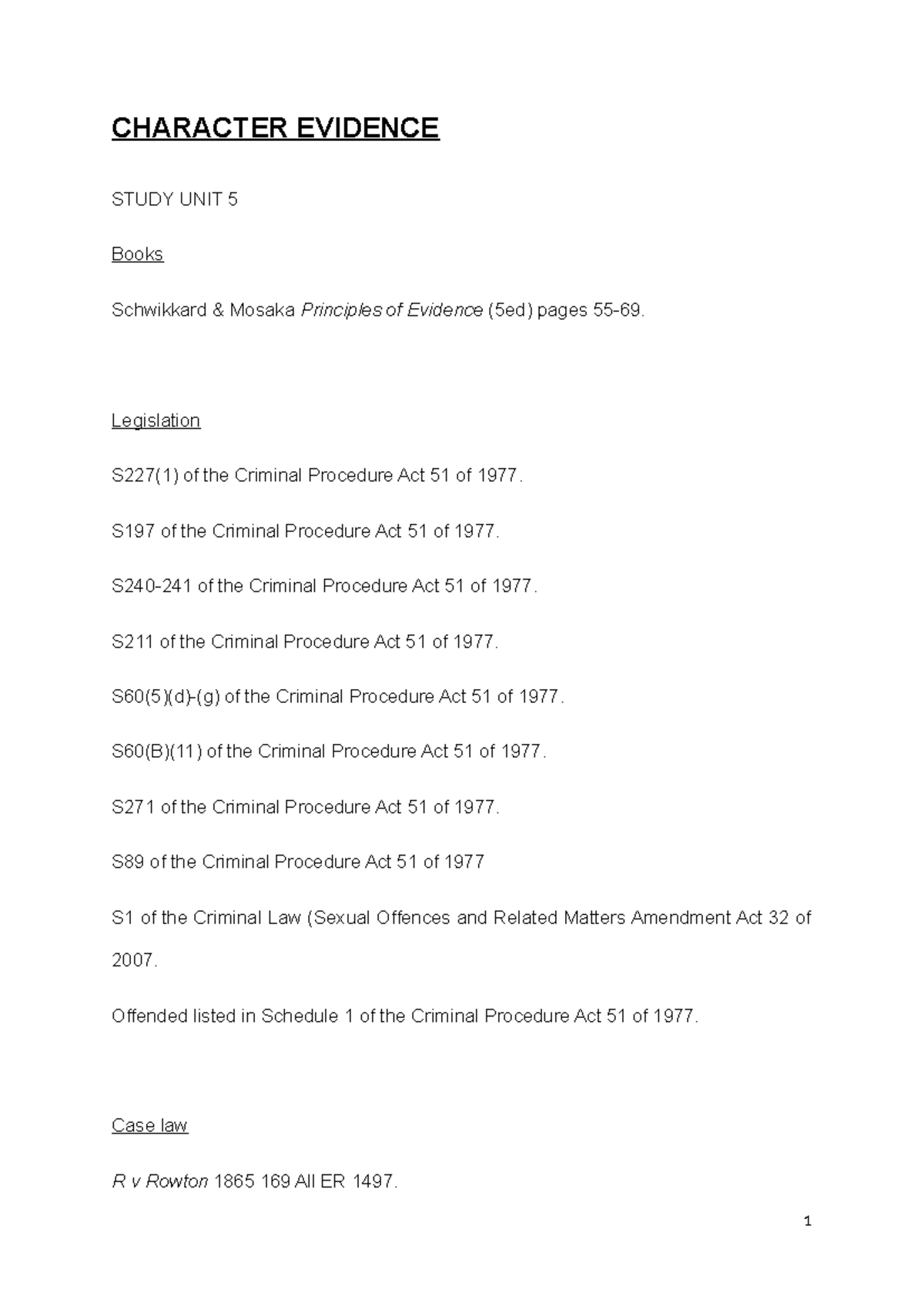 Character Evidence Study Notes (Legal 101 - Final Exam) - Studocu