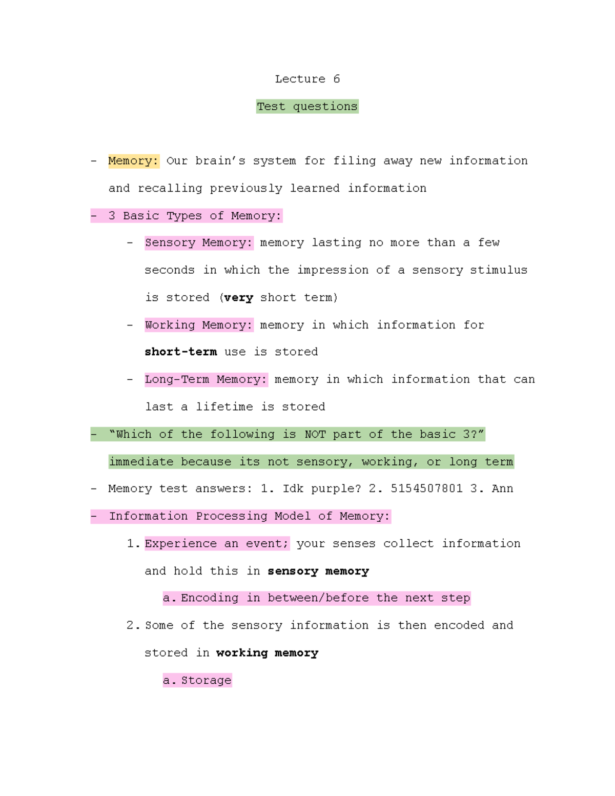 Psychology 101: Lecture 6 - Memory Systems and Processes Overview - Studocu