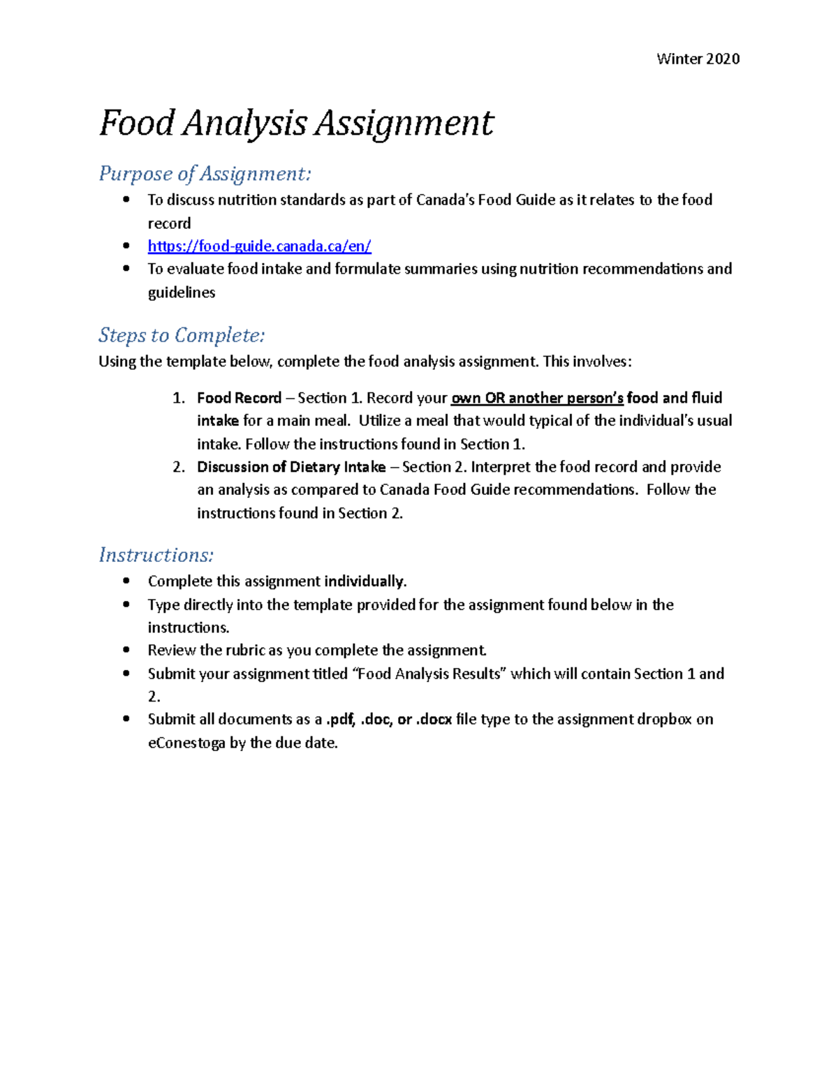 Food Analysis Assignment - Nutrition Standards & Dietary Intake Review ...