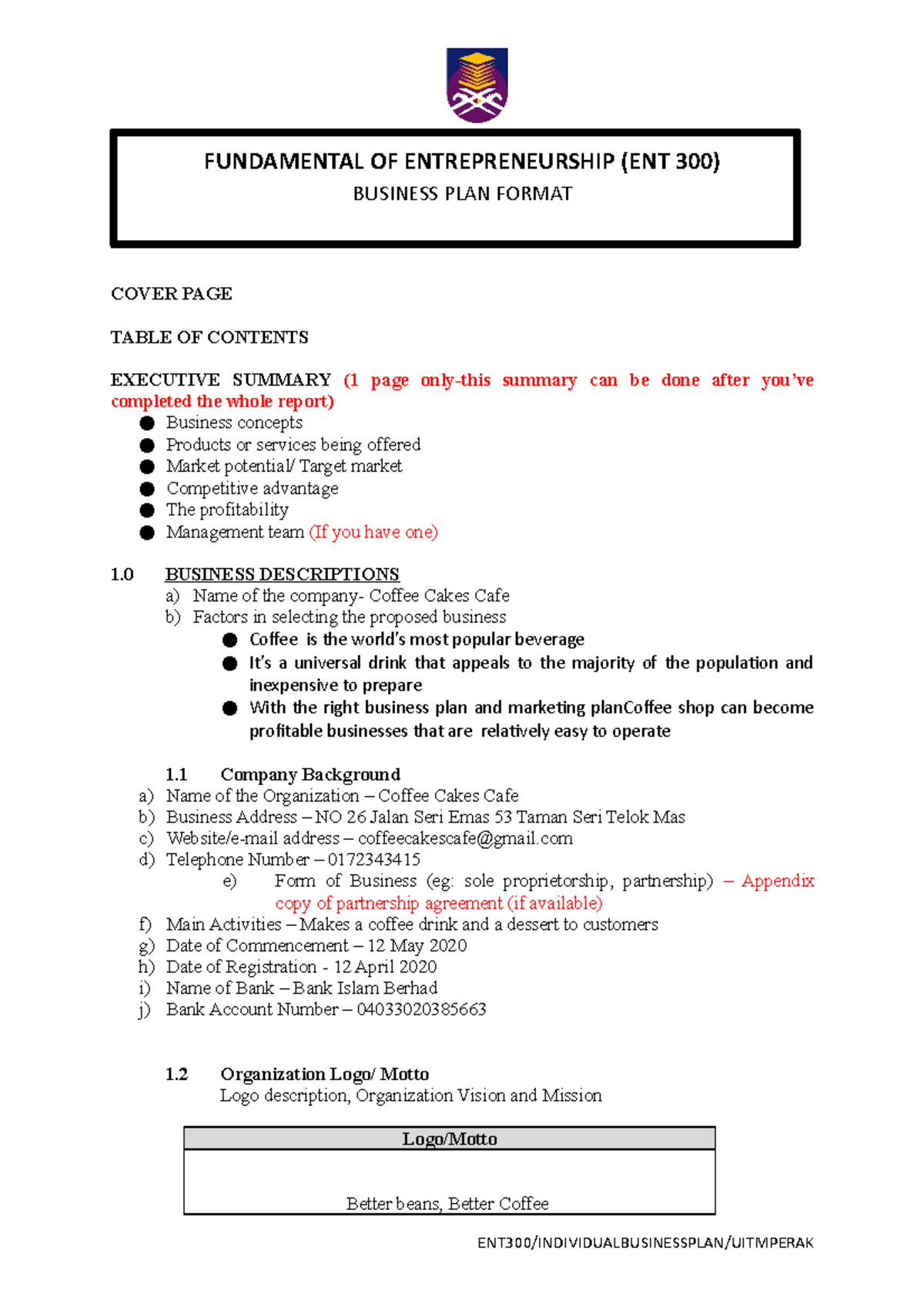 ENT300 - Individual Business PLAN Format MAY2020 - FUNDAMENTAL OF ...