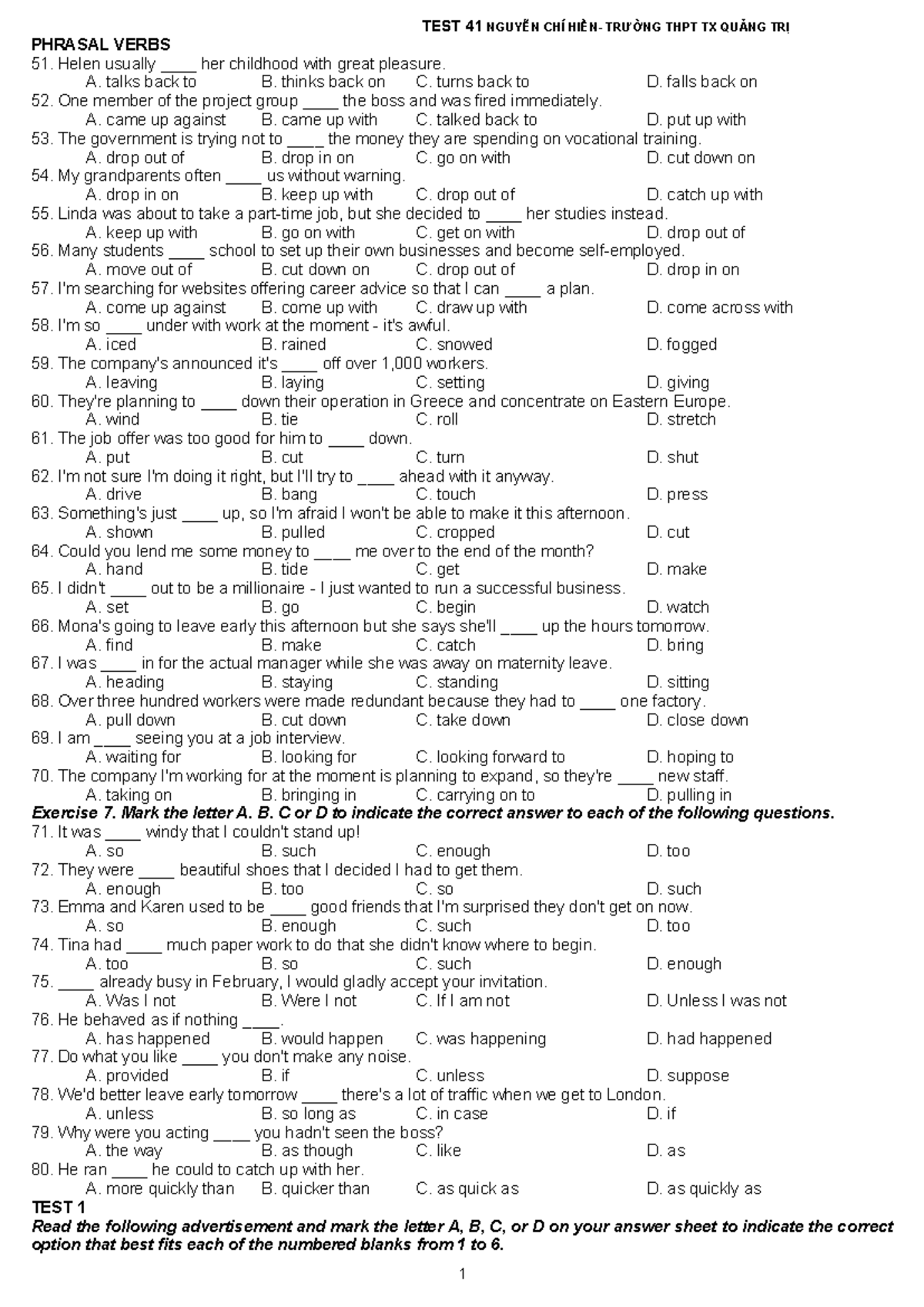 TEST 41 - PHRASAL VERBS & LANGUAGE SKILLS EXAMINATION - Studocu