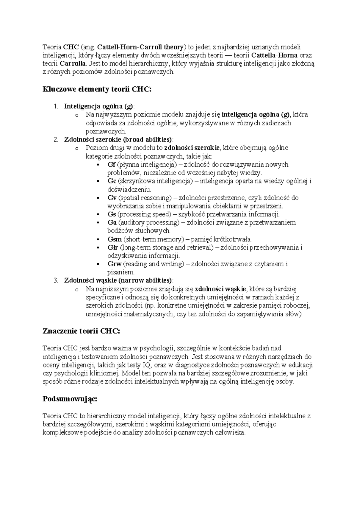 Teoria CHC - Model Inteligencji i Zdolności Poznawczych - Studocu