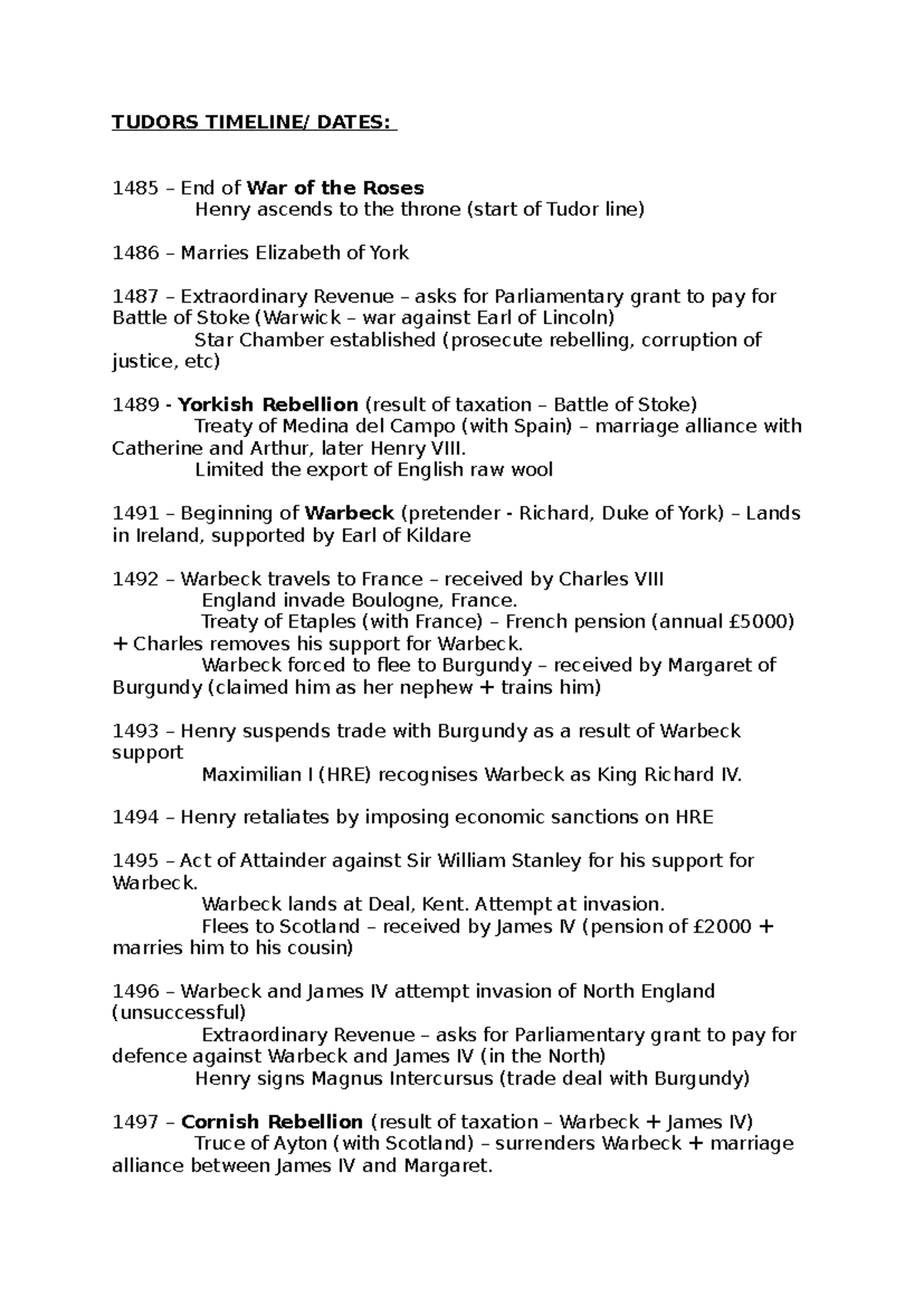 TUDORS TIMELINE: Key Events from 1485 to 1598 - Studocu