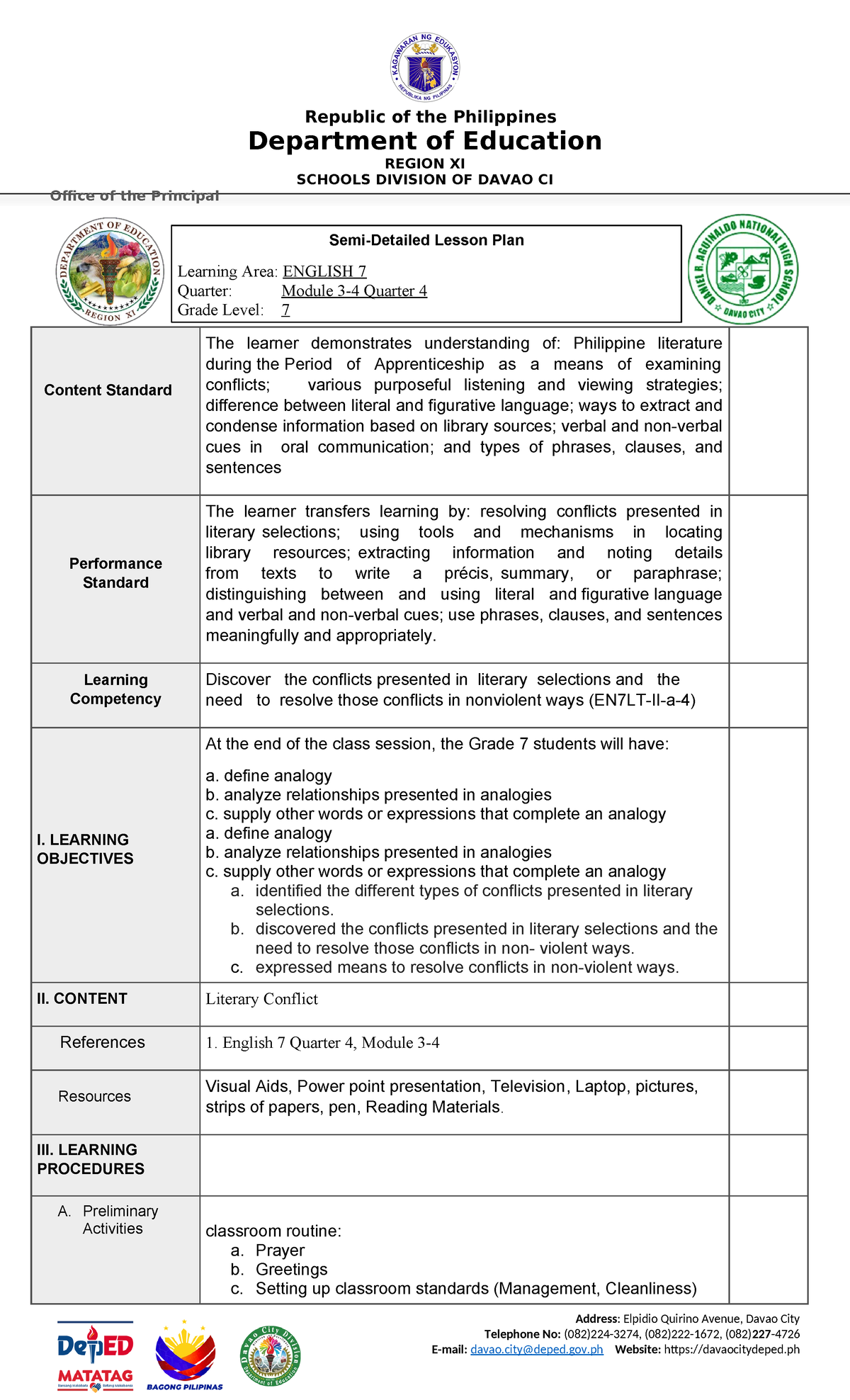 EN7 Lesson Plan: Understanding Literary Conflicts in Grade 7 - Studocu