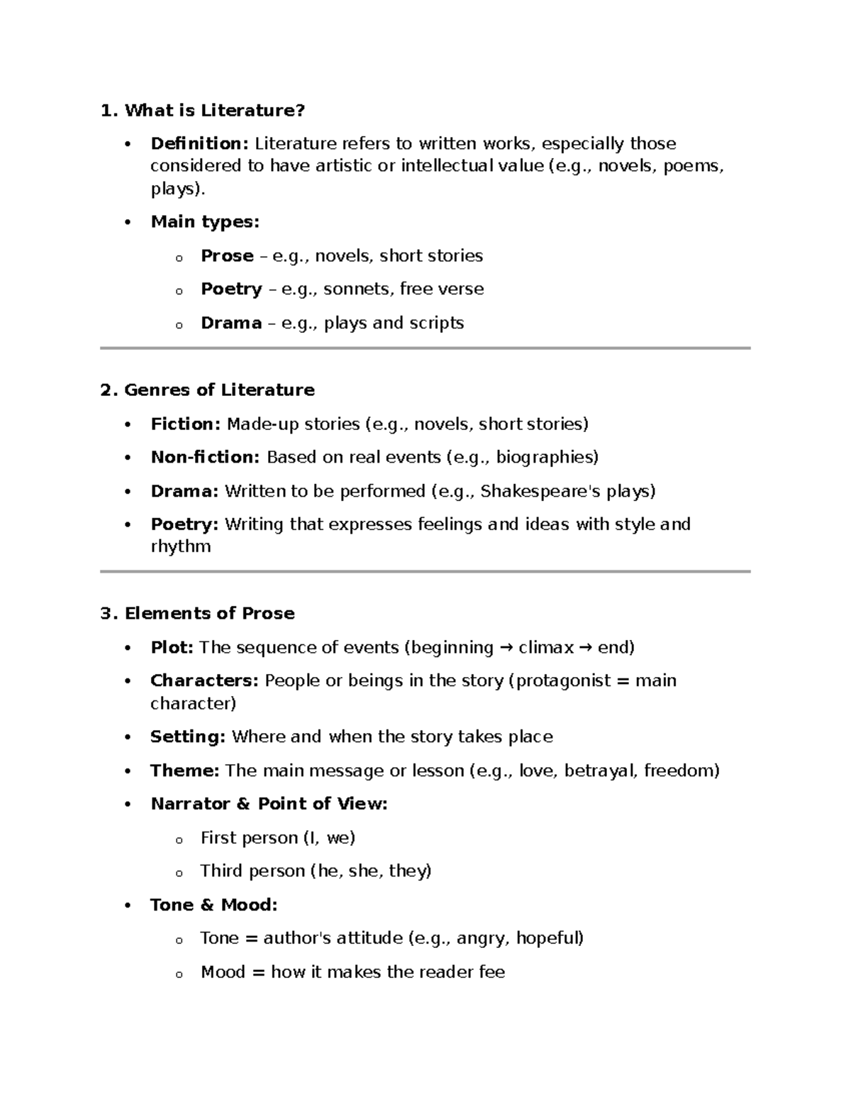 ENG101 - English Literature Notes: Definitions, Genres, and Elements ...