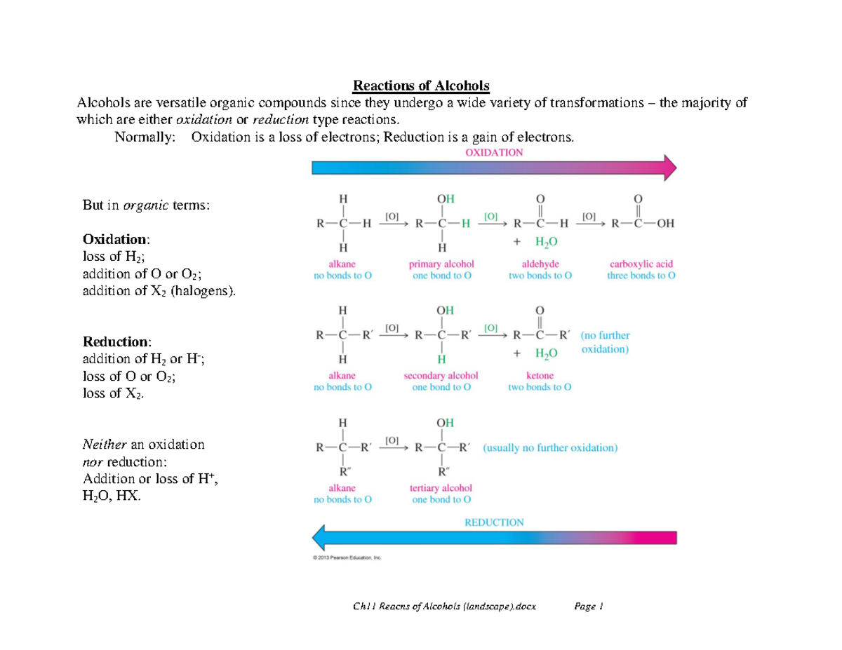 Ch11 Reactions of Alcohols: Oxidation, Reduction, and Mechanisms - Studocu