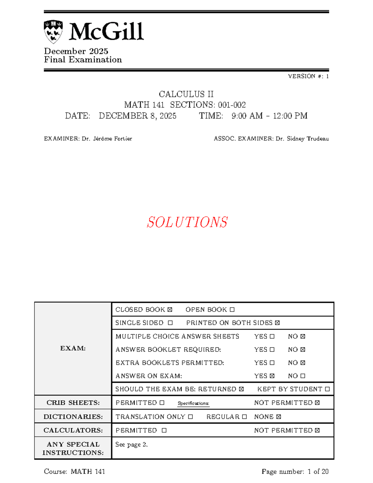 MATH 141 Final Exam December 2025 - Version 1 - Studocu