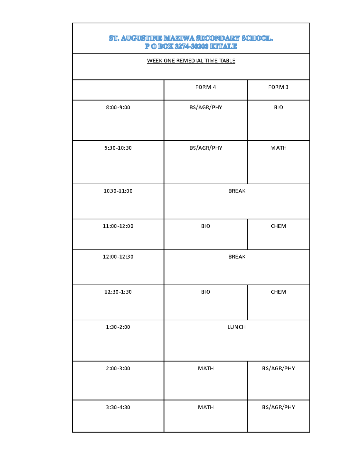 WEEK ONE Remedial Timetable - Bachelor of arts with education - WEEK ...