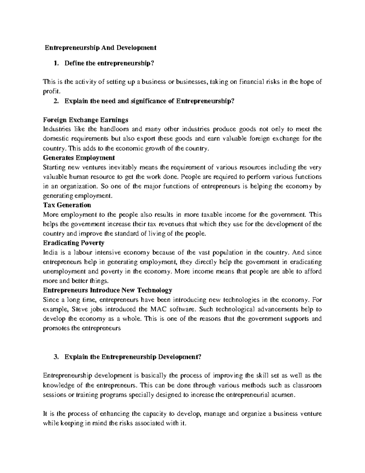Entrepreneurship and Development: Exam Q&A Overview (Final Exam) - Studocu