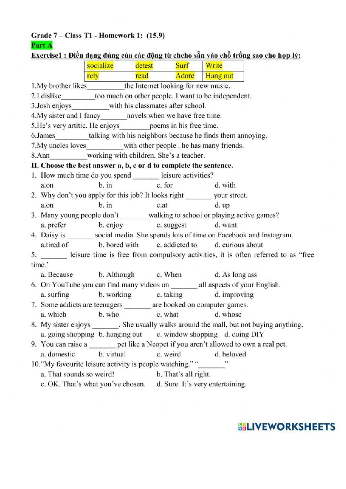 Grade 7 T1 Homework 1: Leisure Activities and Language Exercises - Studocu