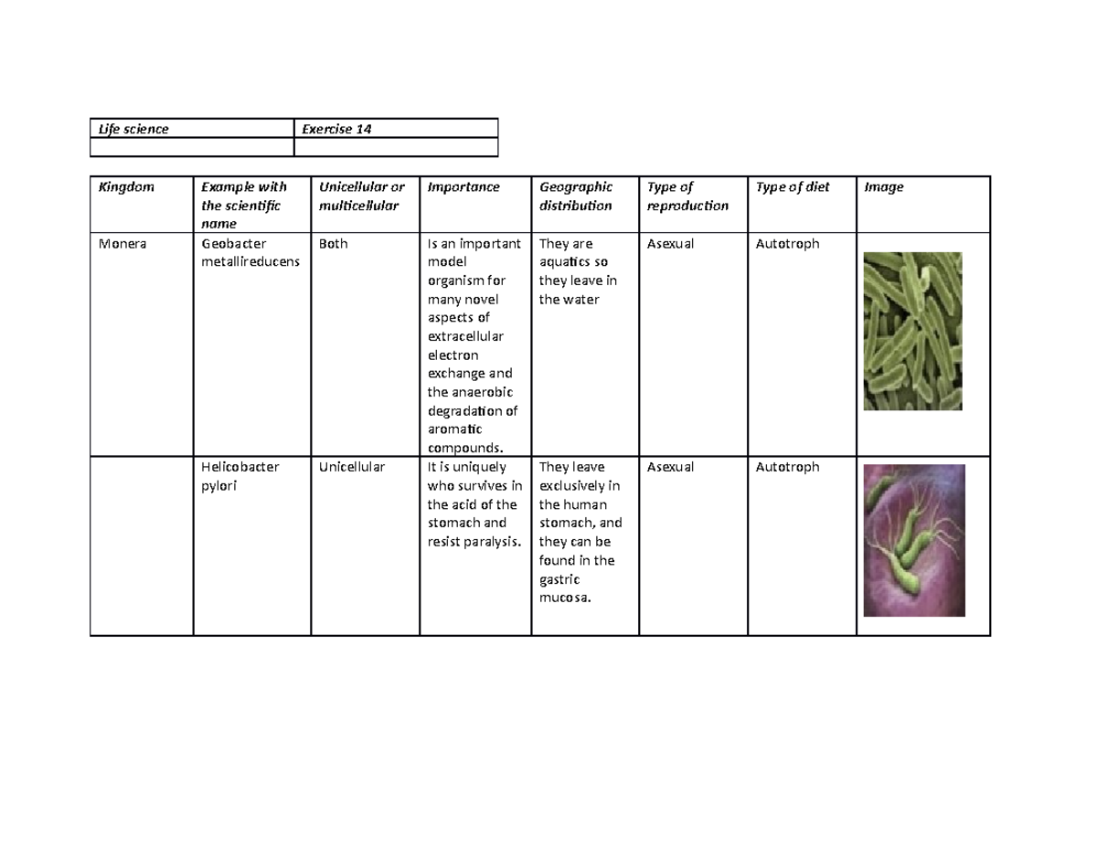 Life science ex 14 - Excercise 14 - Life science Exercise 14 Kingdom ...