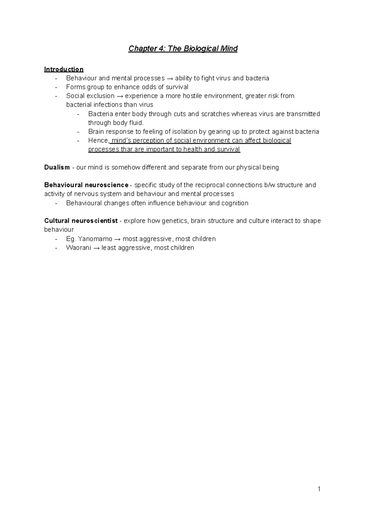 PL1101E Chapter 4 - The Biological Mind: Overview and Key Concepts ...