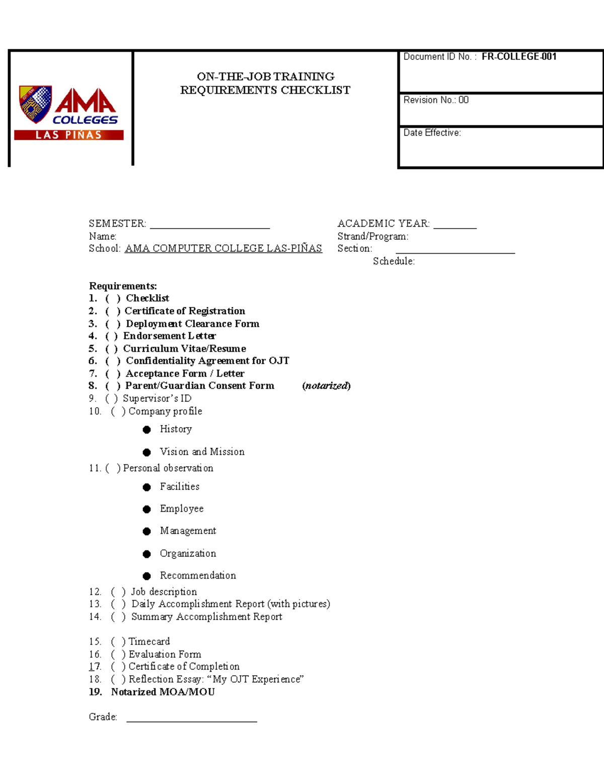 OJT Requirement Checklist for AMA Computer College 001 - Studocu