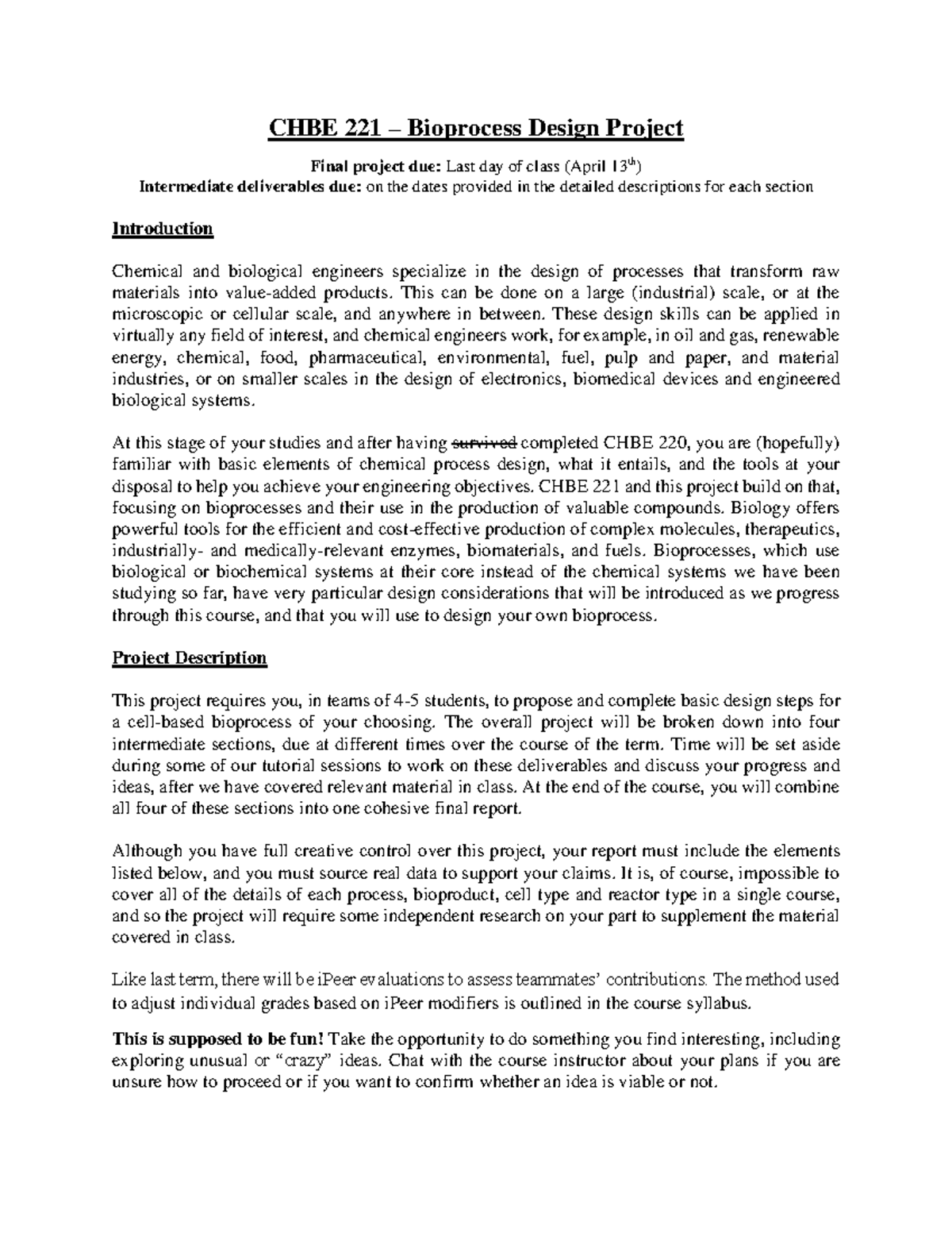 CHBE 221 Design Project Description - CHBE 221 – Bioprocess Design ...