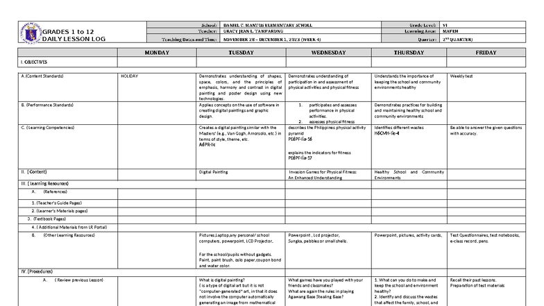 DLL MAPEH 6 Q2 WEEK 4: Daily Lesson Log for Grades 1-12 - Studocu