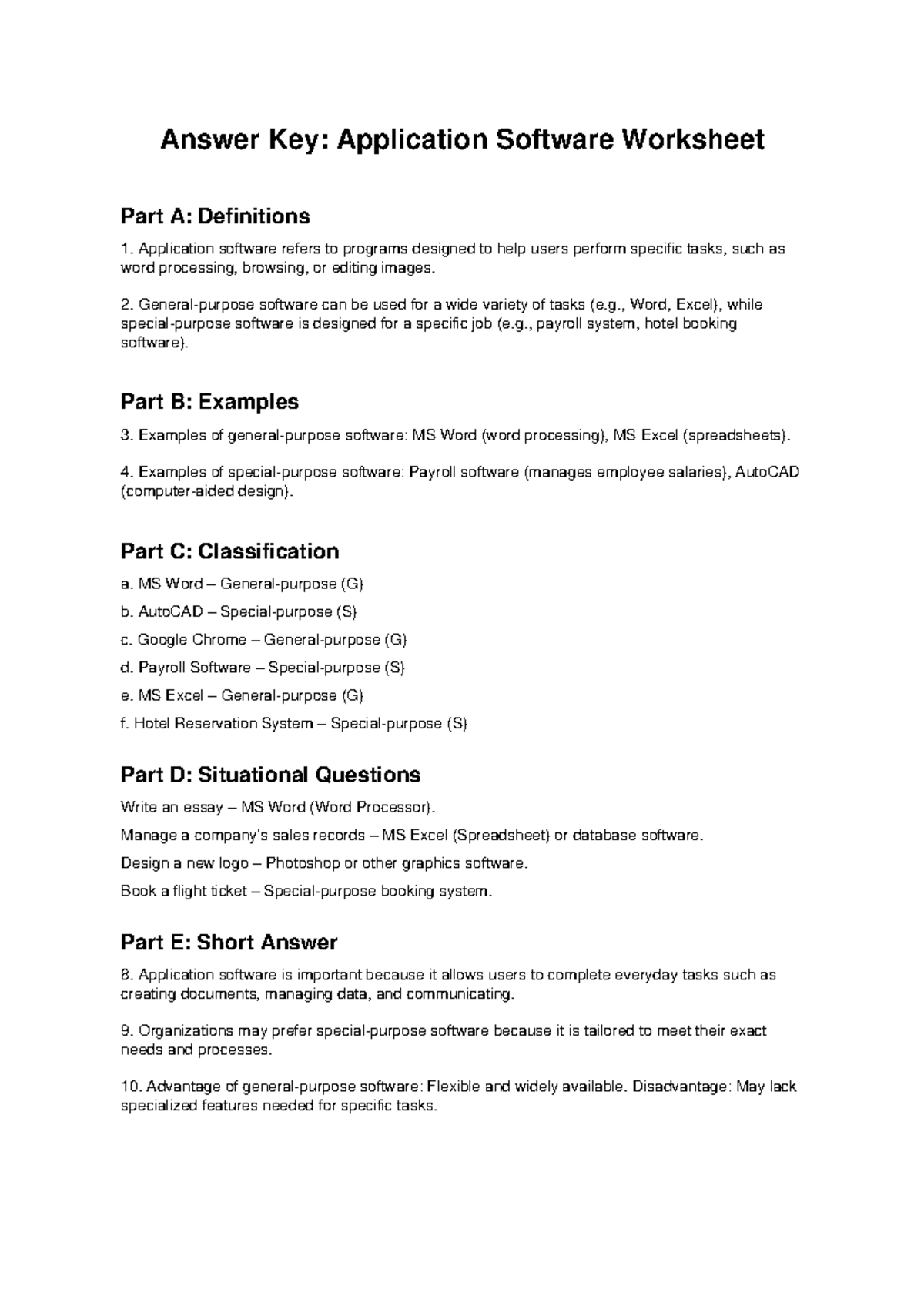 Application Software Worksheet Answer Key: Definitions & Examples - Studocu
