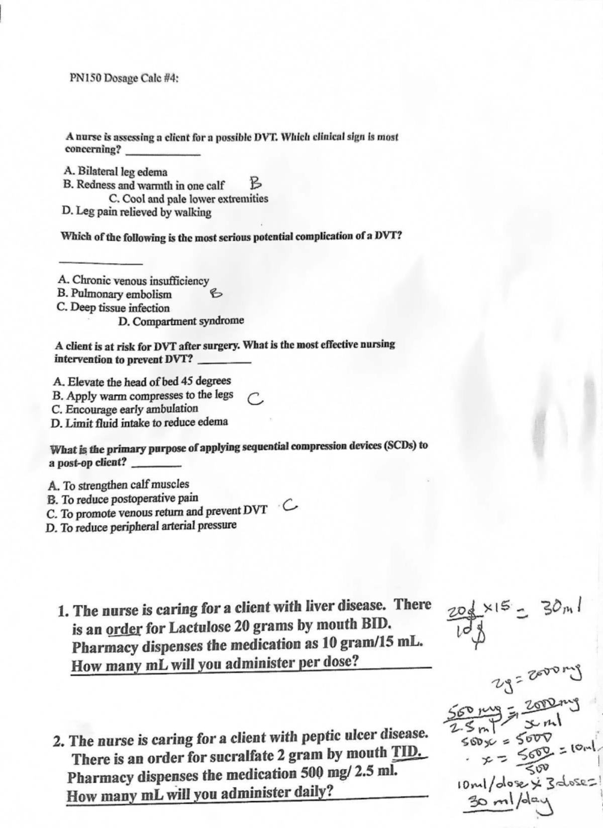 PN150 Dosage Calculation: DVT Assessment & Nursing Interventions - Studocu