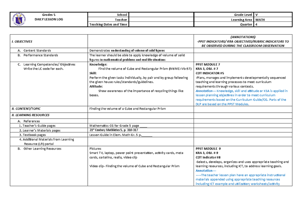 Grades 5 MATH Daily Lesson Log: Volume of Solid Figures - Studocu